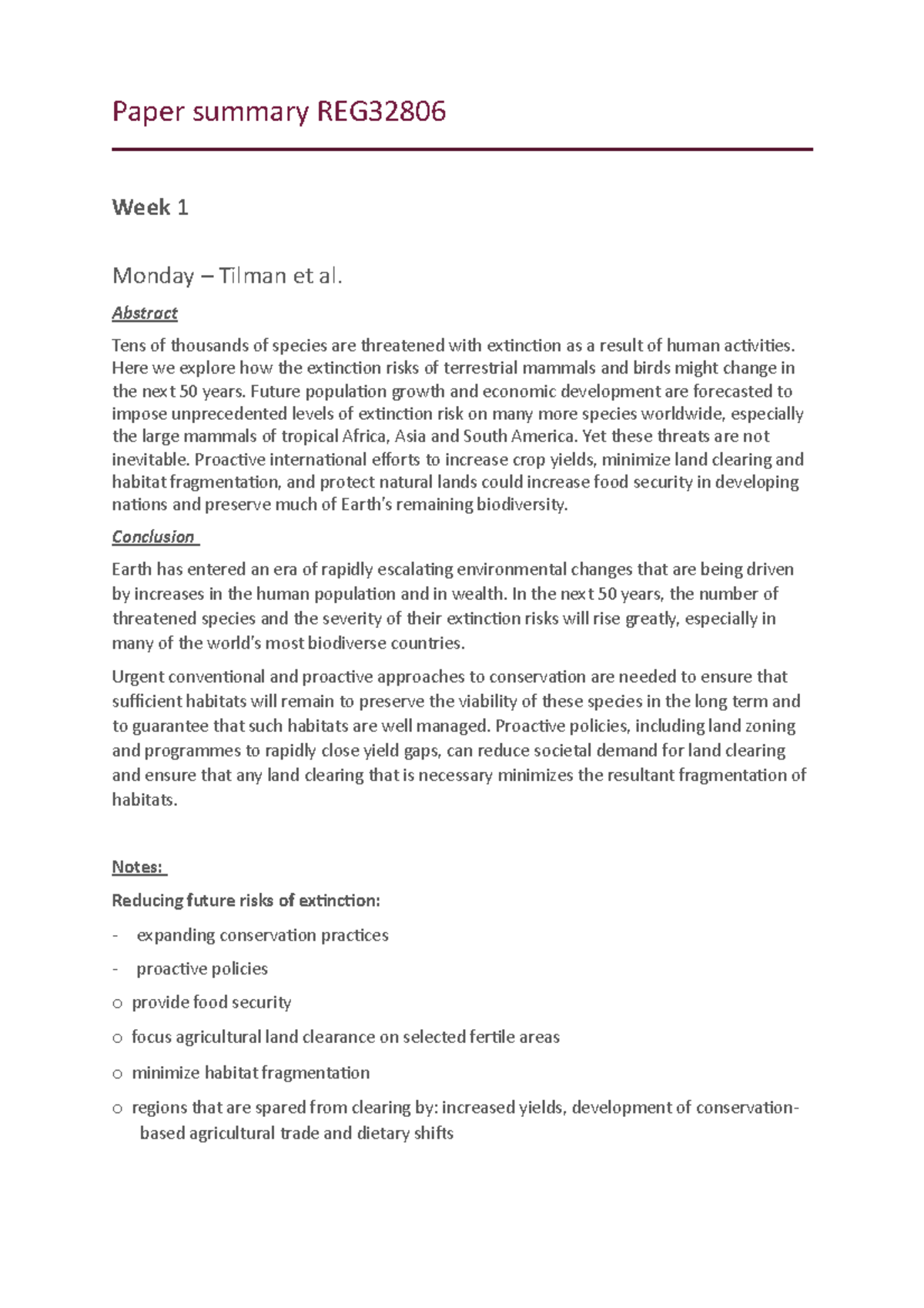 Paper Summary REG 3280 - Paper summary REG Week 1 Monday – Tilman et al ...
