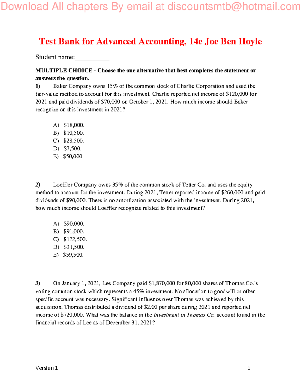 Advanced Accounting, 14e Joe Ben Hoyle (Test Bank All Chapters) - Test ...