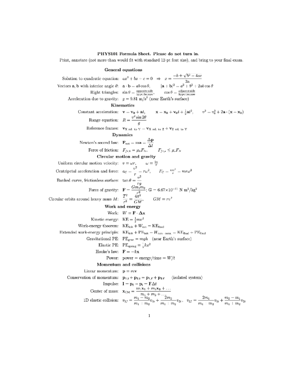Formula sheet - Please do not turn in. Print, annotate (not more than would fit with standard ...