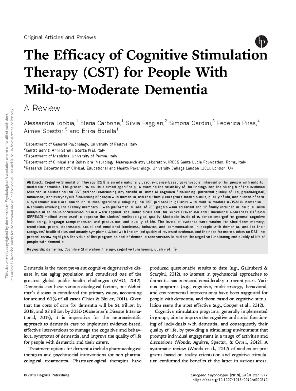 The efficacy of cognitive stim - Original Articles and Reviews The ...
