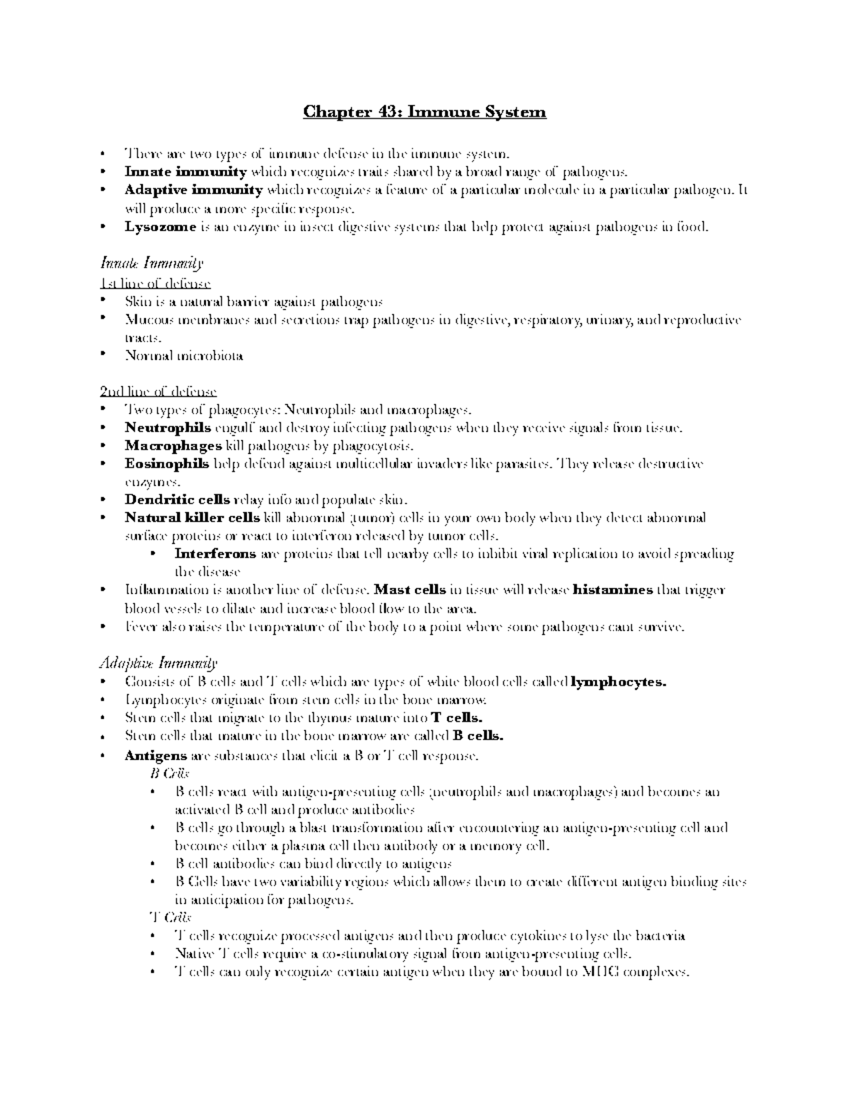 Bio 2010 chapter 43 immune system notes - Chapter 43: Immune System ...
