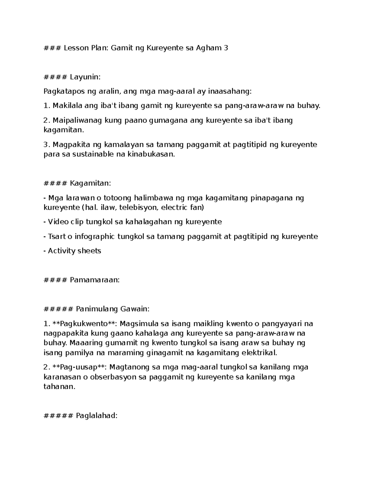 Cot sample dlp - Lesson Plan: Gamit ng Kureyente sa Agham 3 Layunin ...