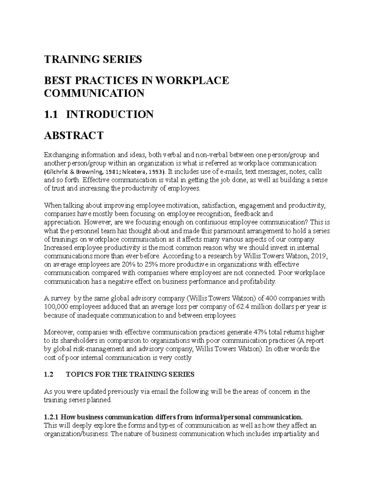 Training Series ON BEST Practices IN Workplace Communication - TRAINING ...