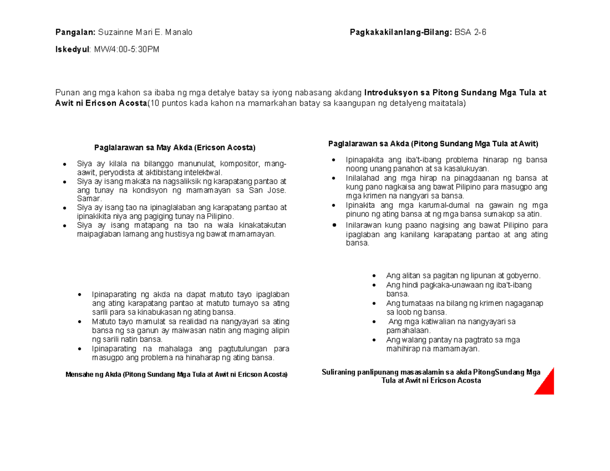 Pdfcoffee - Tula - Pangalan: Suzainne Mari E. Manalo Pagkakakilanlang-Bilang: BSA 2- Iskedyul ...
