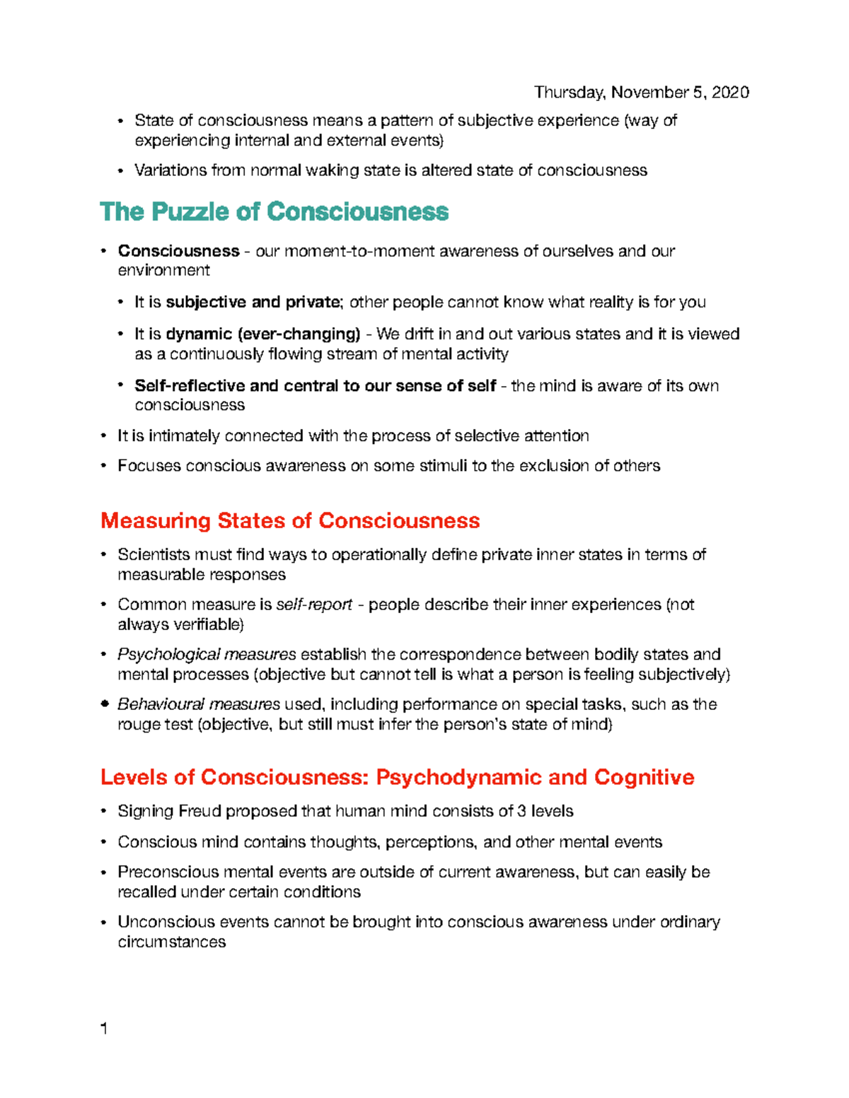 Psychology Chapter 6 - Dr Atkinson - " State of consciousness means a ...