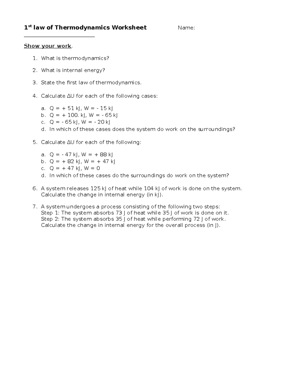 Unit 4 - worksheet - 4 - 1 st law of Thermodynamics Worksheet Name