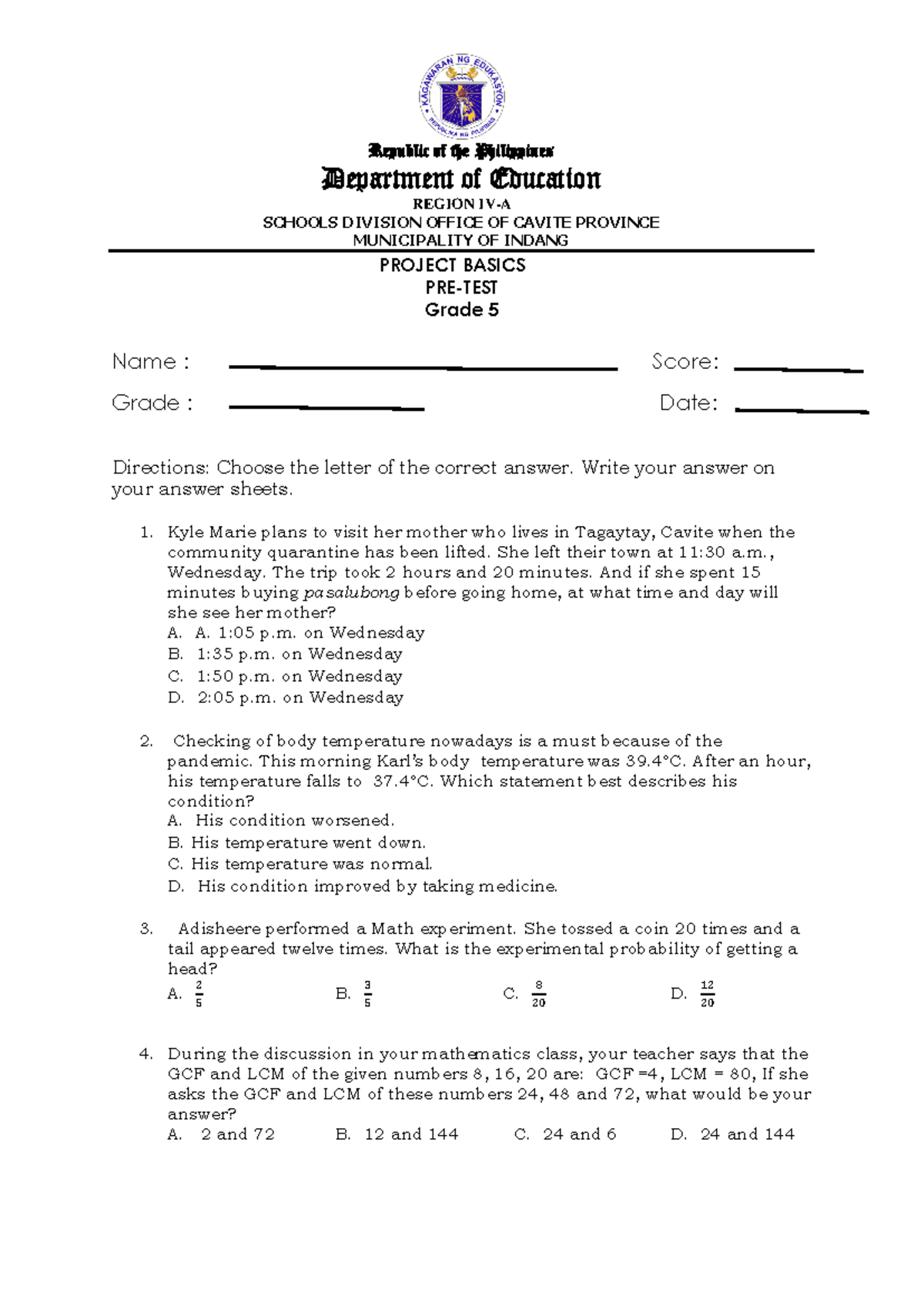 Grade 5 PRE TEST with TOS and Key to Correction - Department of ...