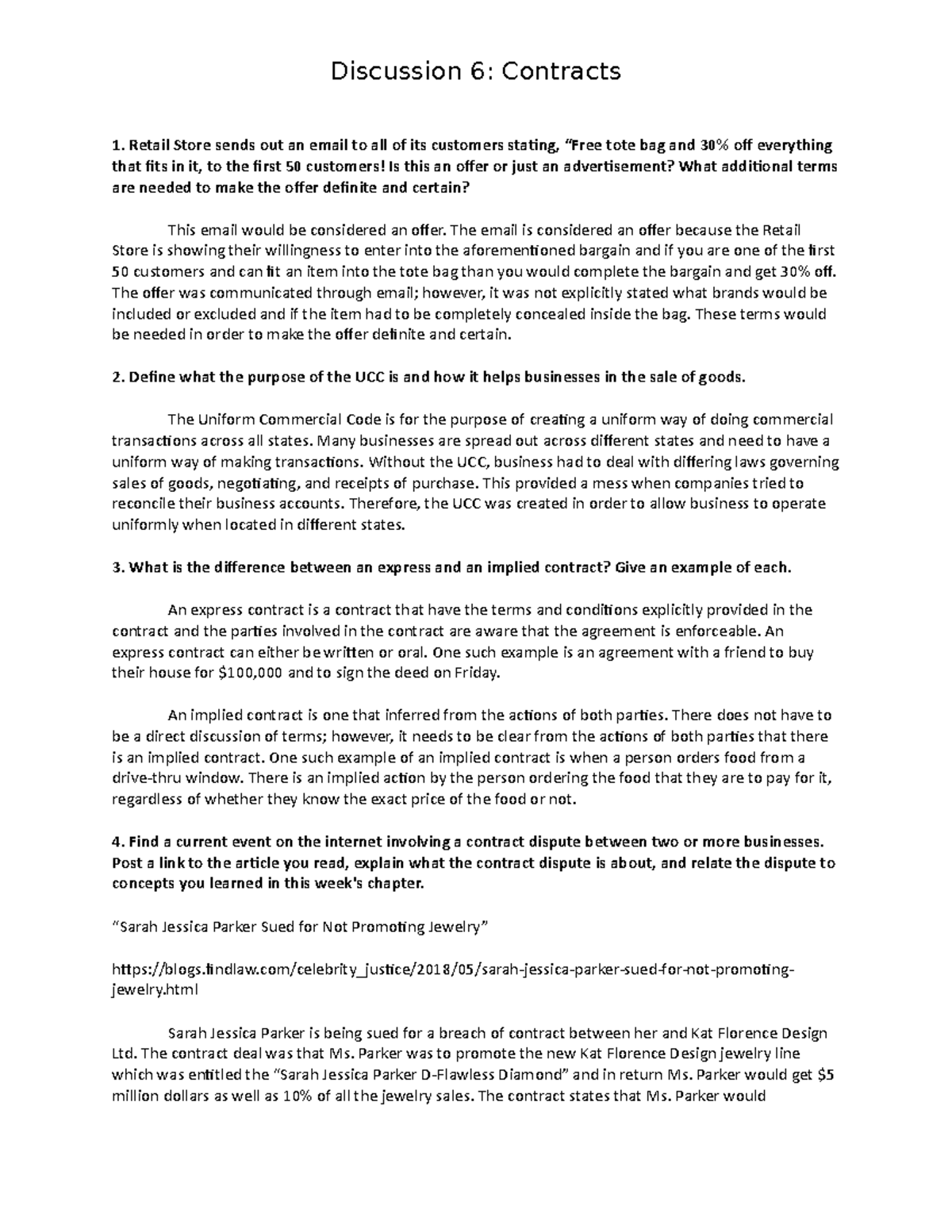 Discussion 6 Contracts - Discussion 6: Contracts Retail Store sends out ...
