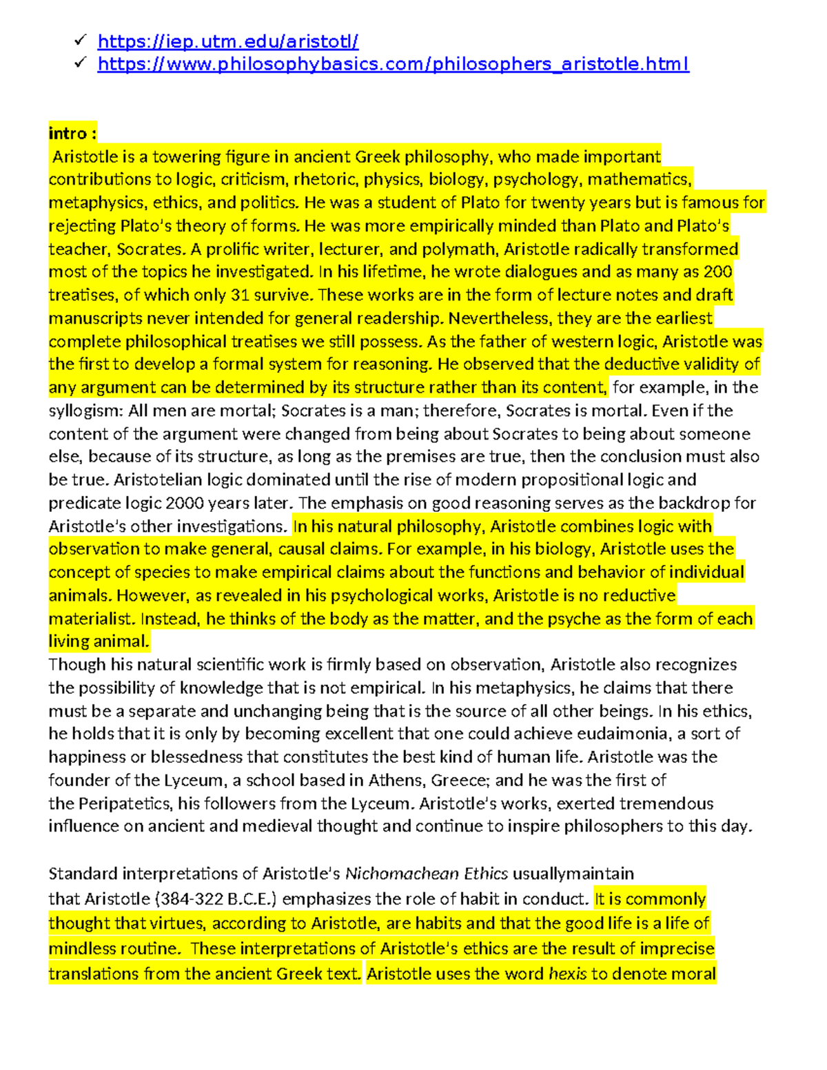 Aristotle - notes - iep.utm/aristotl/ philosophybasics/philosophers ...