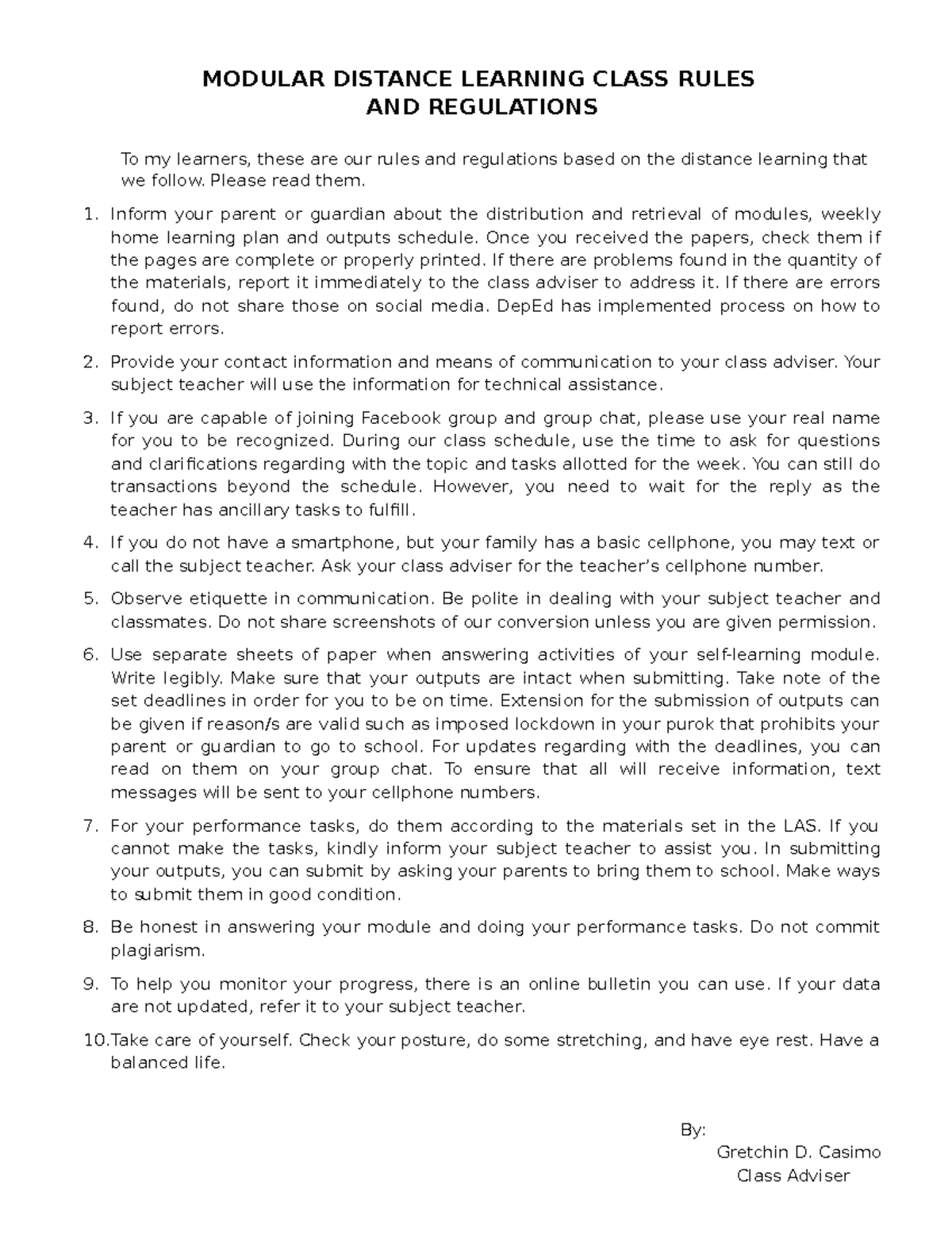 Modular Distance Learning Class Rules - MODULAR DISTANCE LEARNING CLASS ...