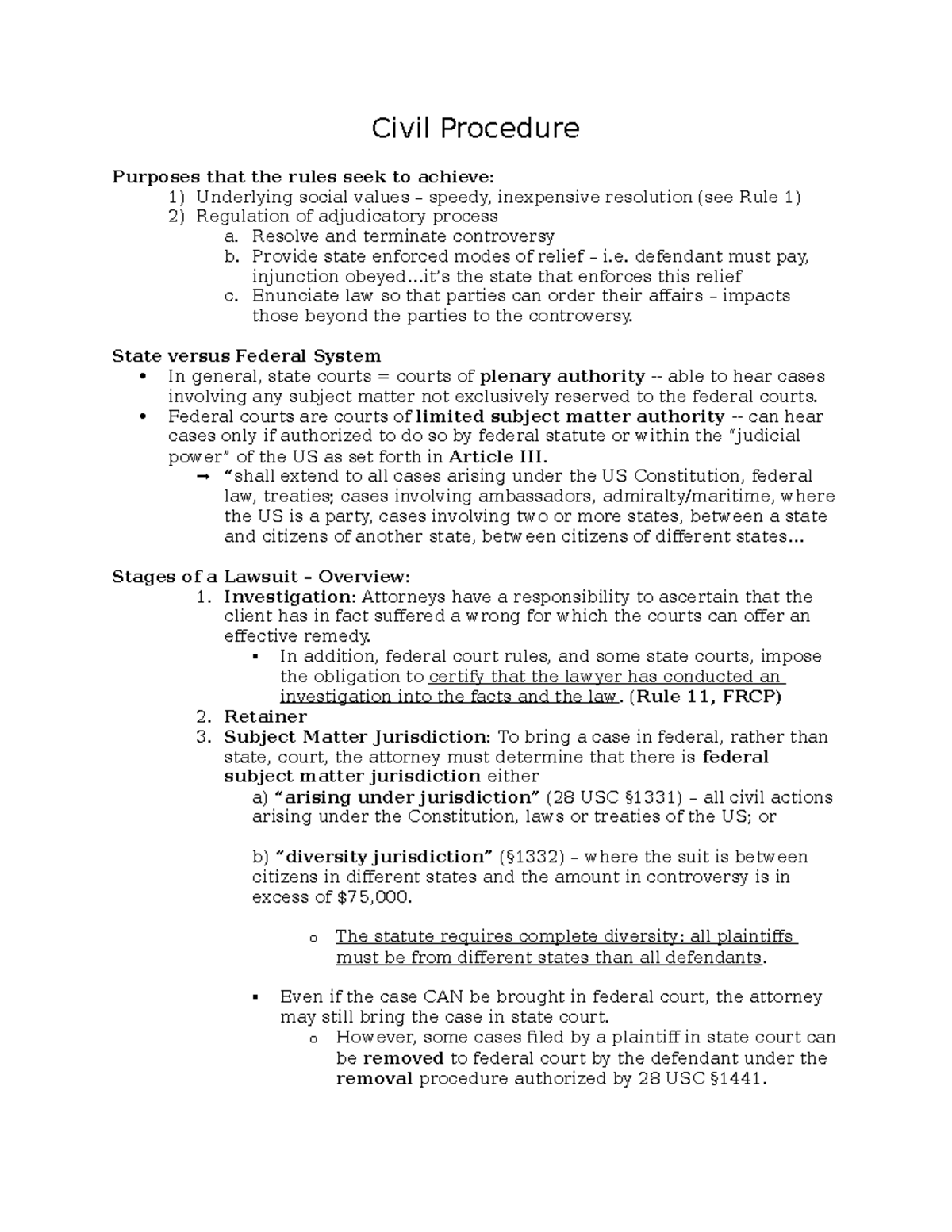 Civil Procedure - Prof Sheppard 2 - Civil Procedure Purposes that the ...