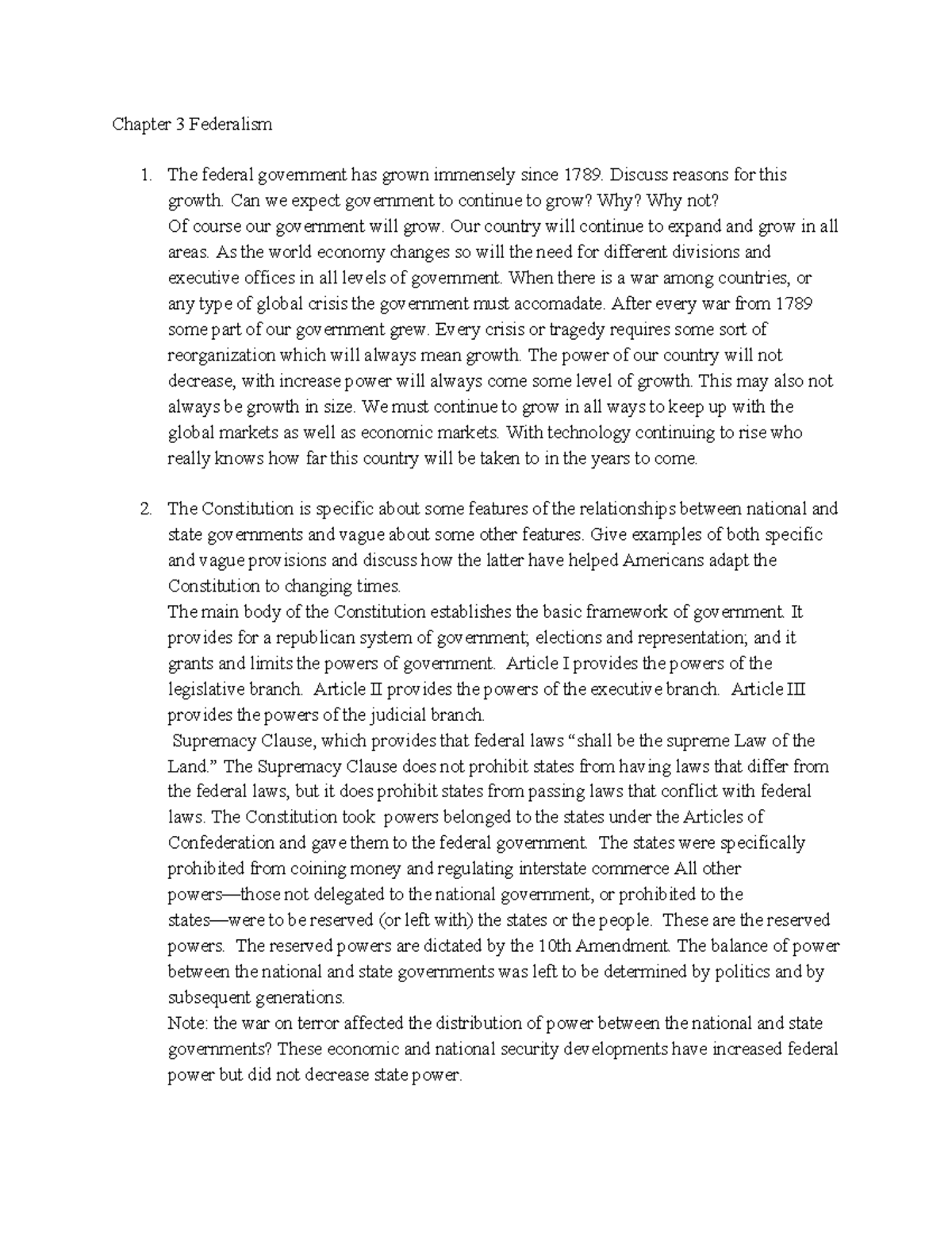 Federalism Week 3 Assignment - Chapter 3 Federalism The federal ...