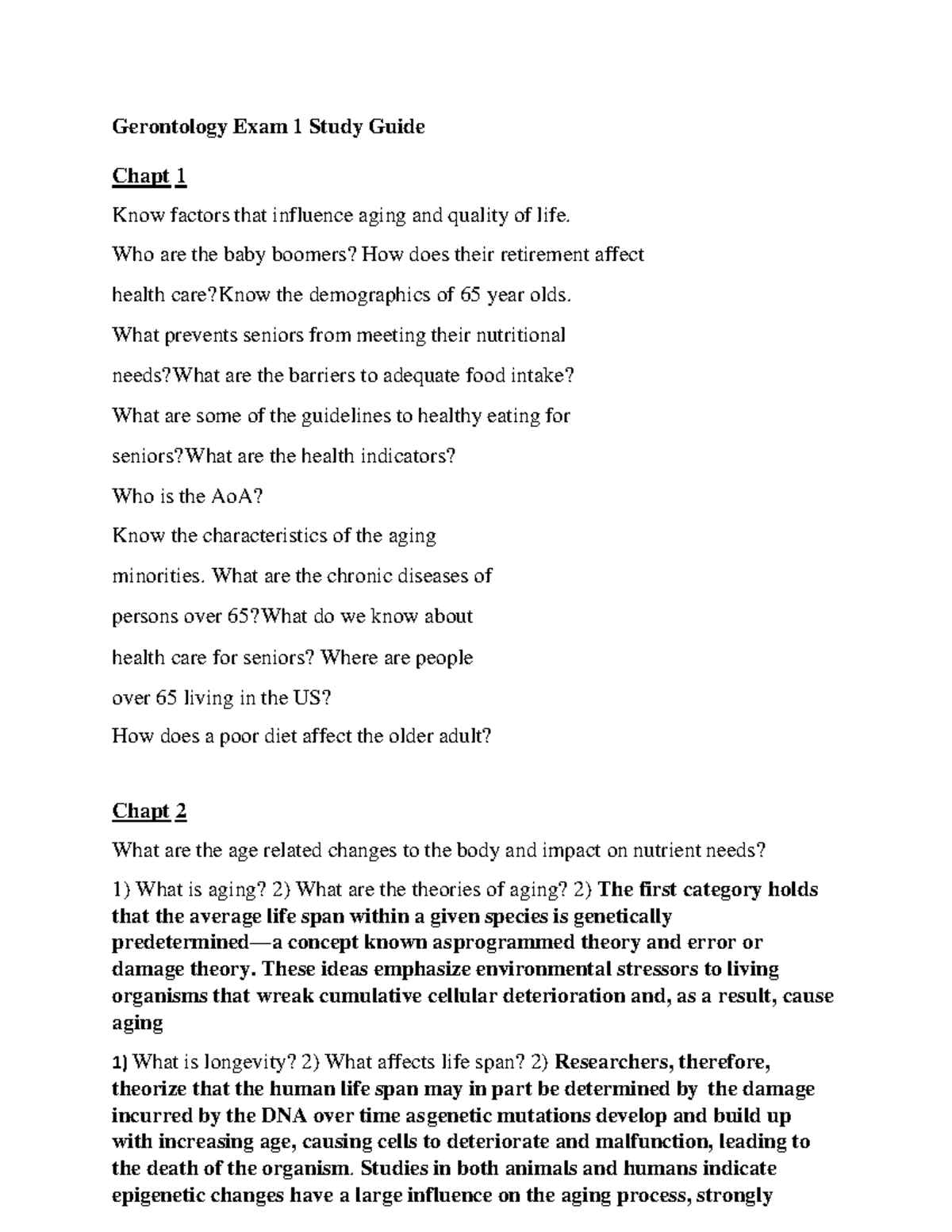 Gerontology exam 1 study guide - Gerontology Exam 1 Study Guide Chapt 1 ...
