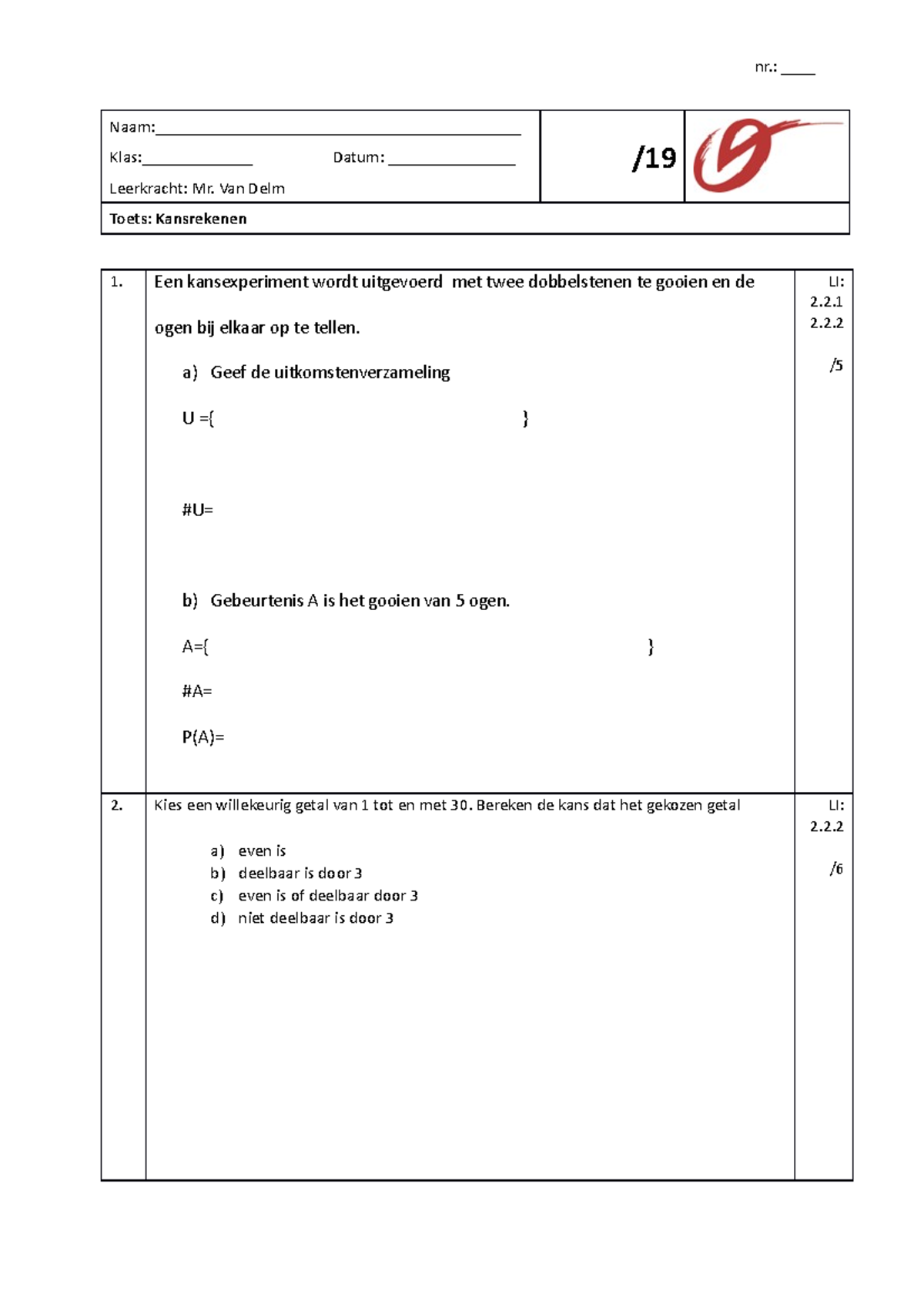 Toets en kansbomen - nr.: ____ Naam ...