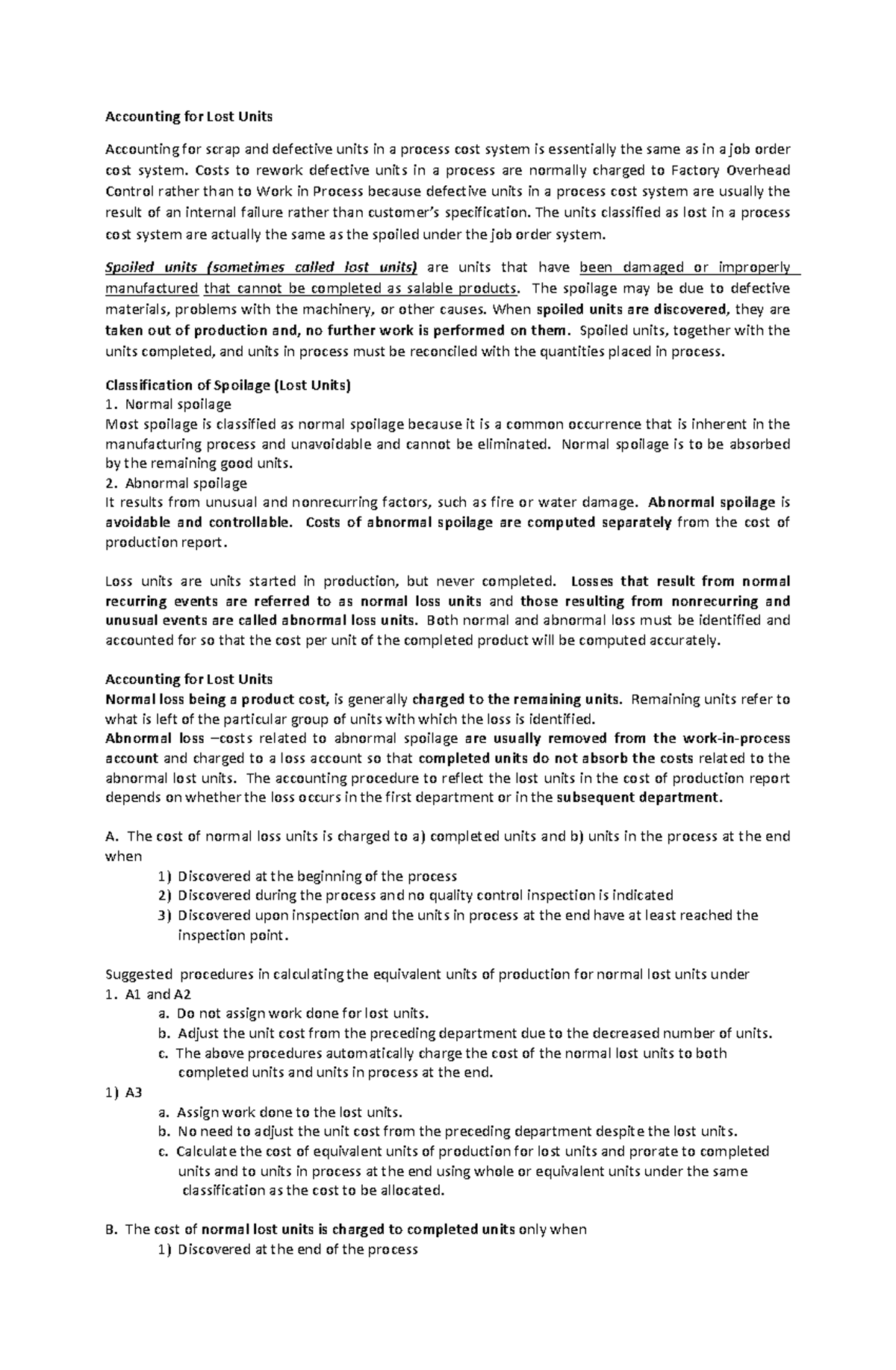 Accounting for lost units - Accounting for Lost Units Accounting for ...