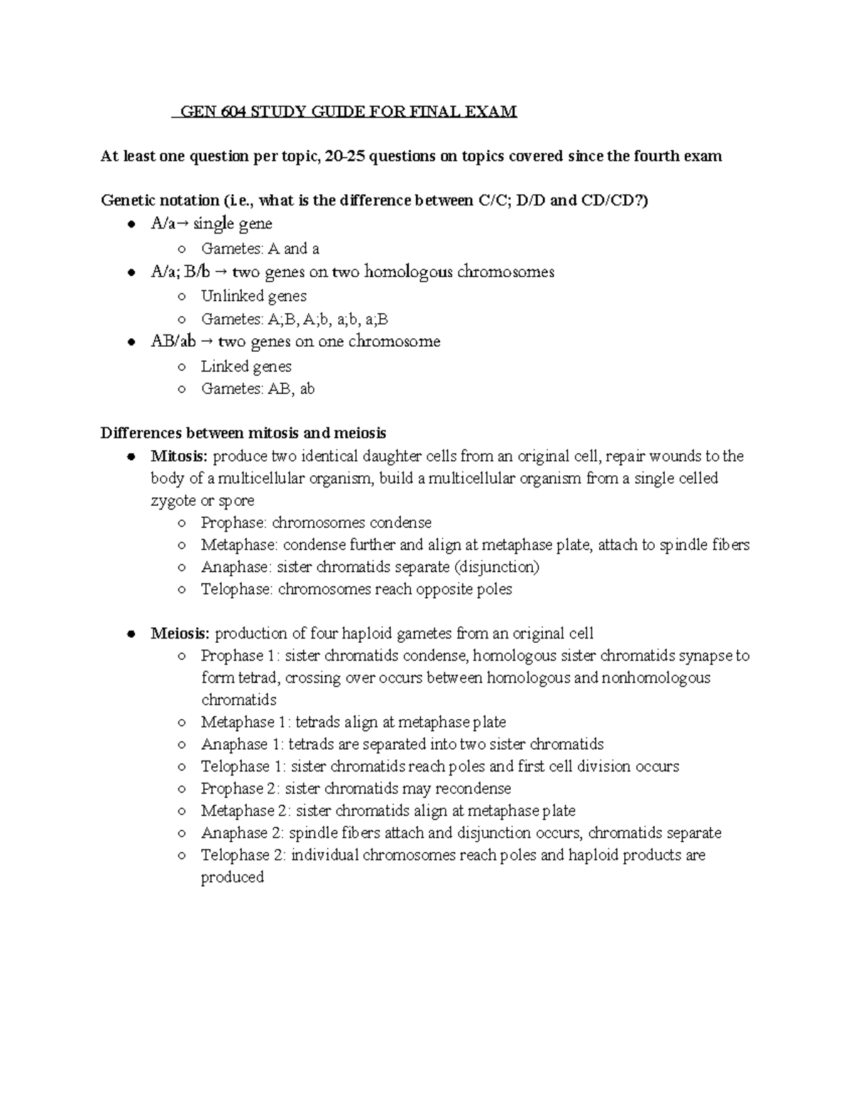 GEN study guide for the final - GEN 604 STUDY GUIDE FOR FINAL EXAM At ...