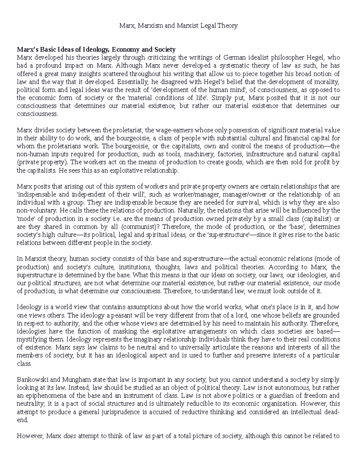 Marx, Marxism and Marxist Legal Theory - Although Marx never developed ...