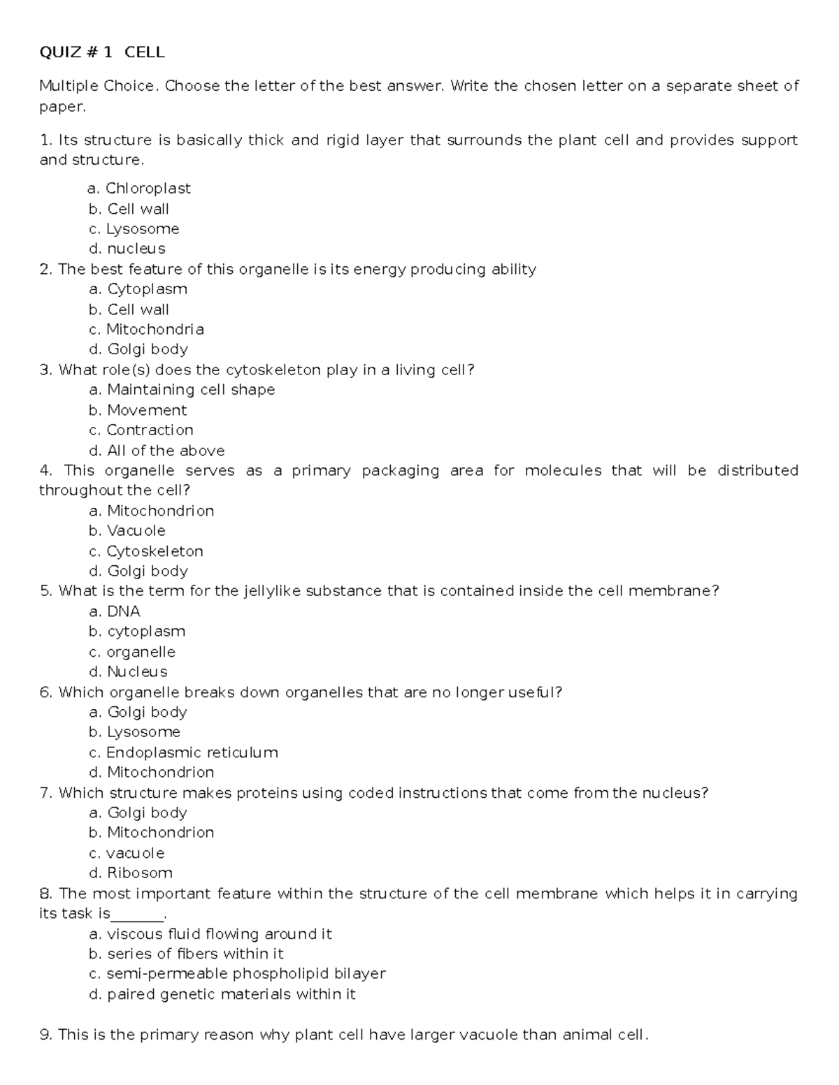 QUIZ I BIO (CELL) - Biology II - QUIZ # 1 CELL Multiple Choice. Choose ...