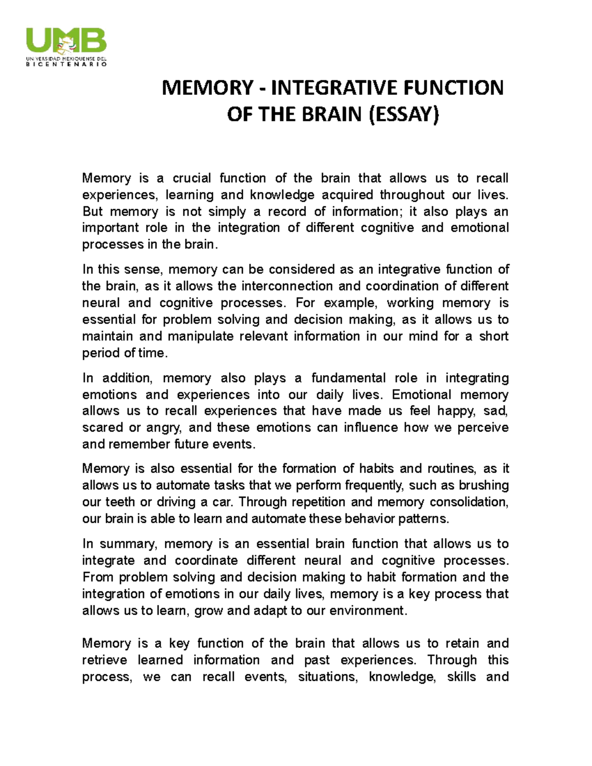 Learning and Memory - Integrative brain function - MEMORY - INTEGRATIVE ...