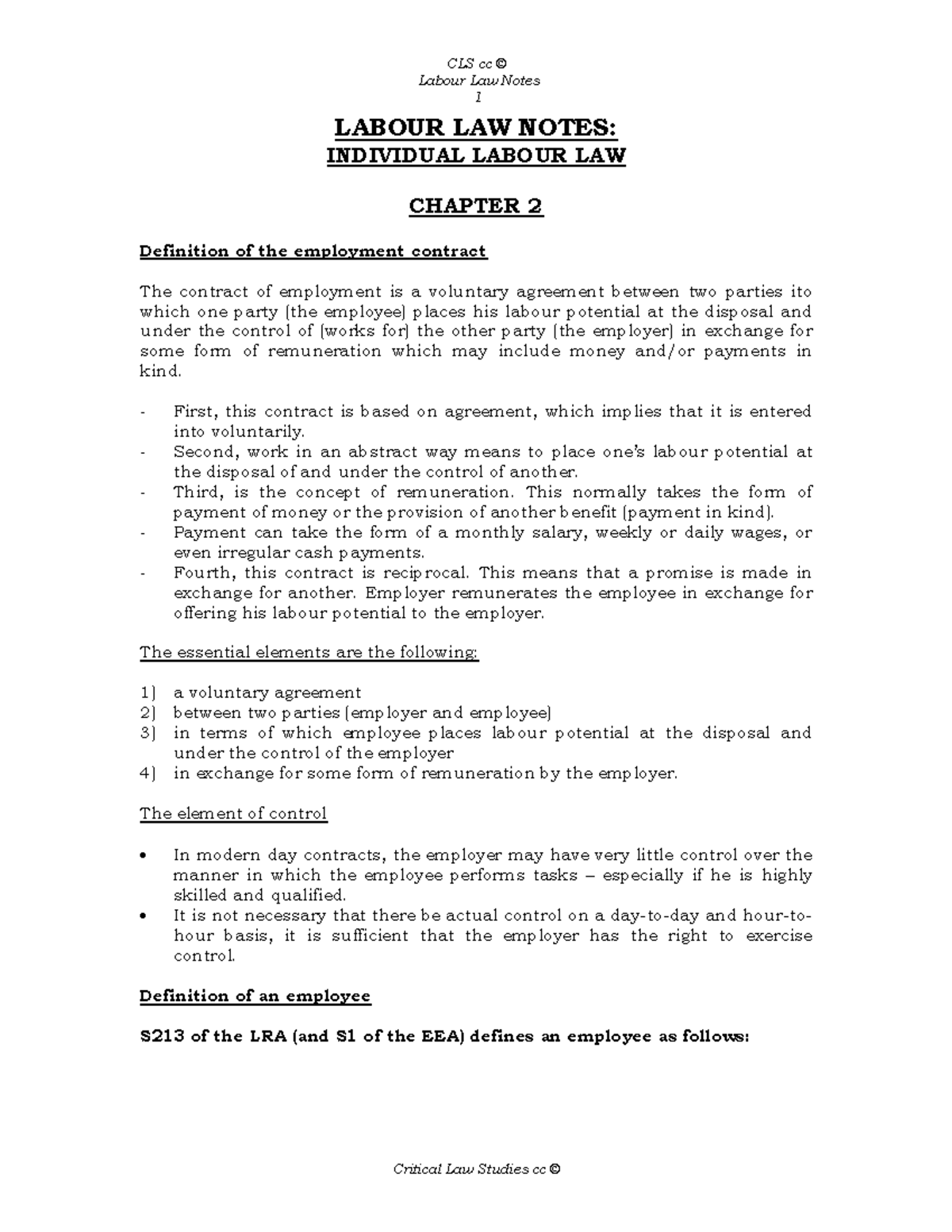 Labour LAW Notes - Labour Law Notes 1 LABOUR LAW NOTES: INDIVIDUAL ...