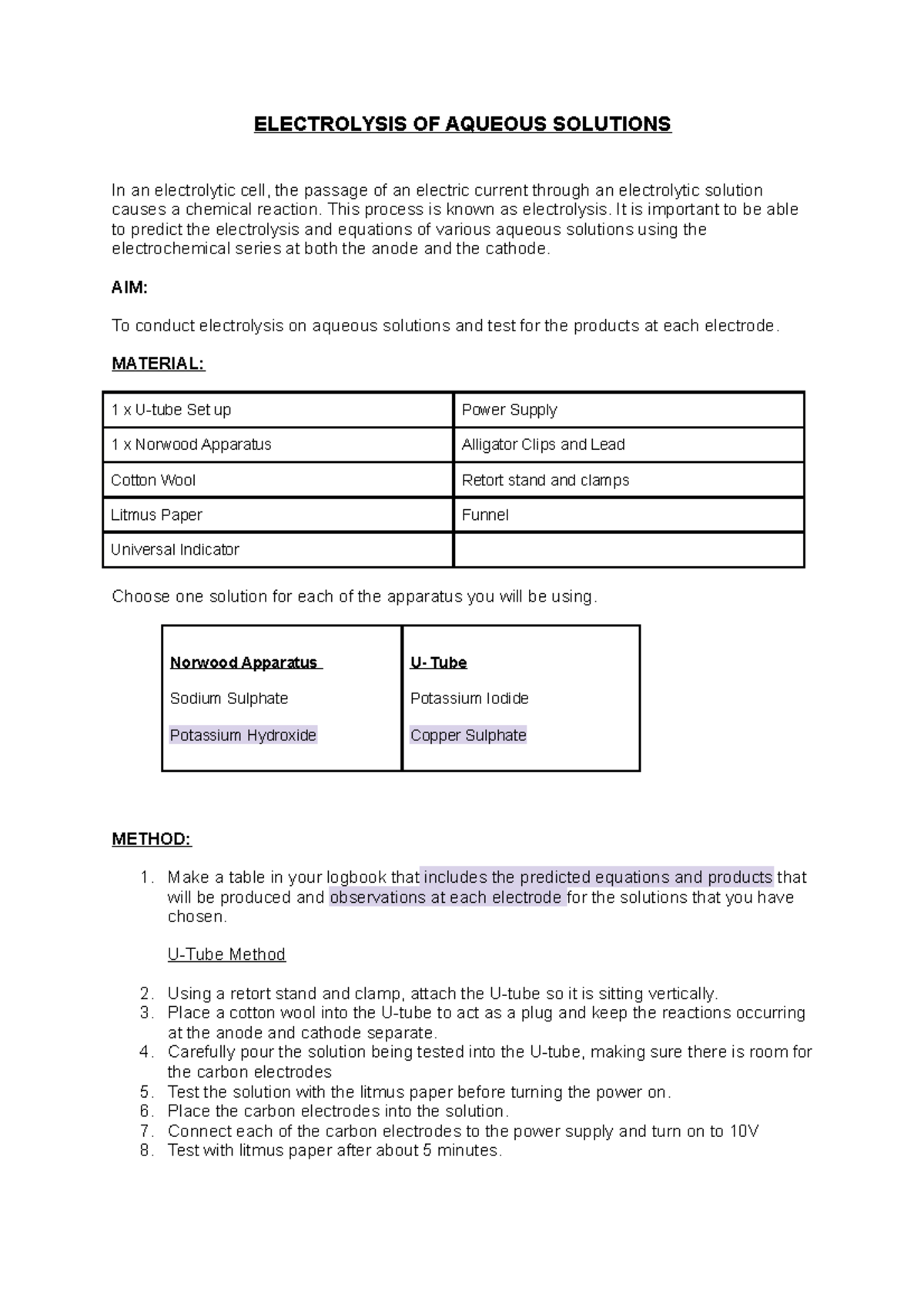 Copy of Electrolysis OF Aqueous Solutions - ELECTROLYSIS OF AQUEOUS ...