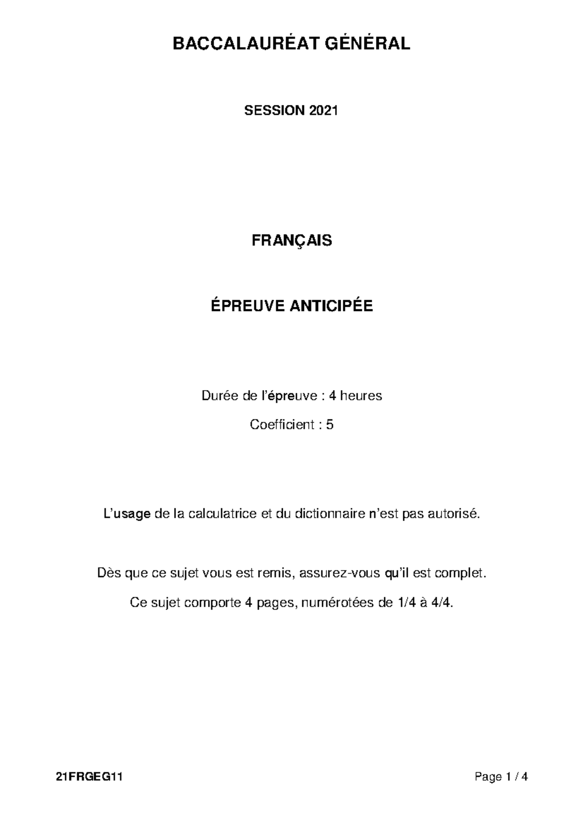 Document 2 - Sujet bac Français - 21FRGEG11 Page 1 / 4 BACCALAURÉAT ...