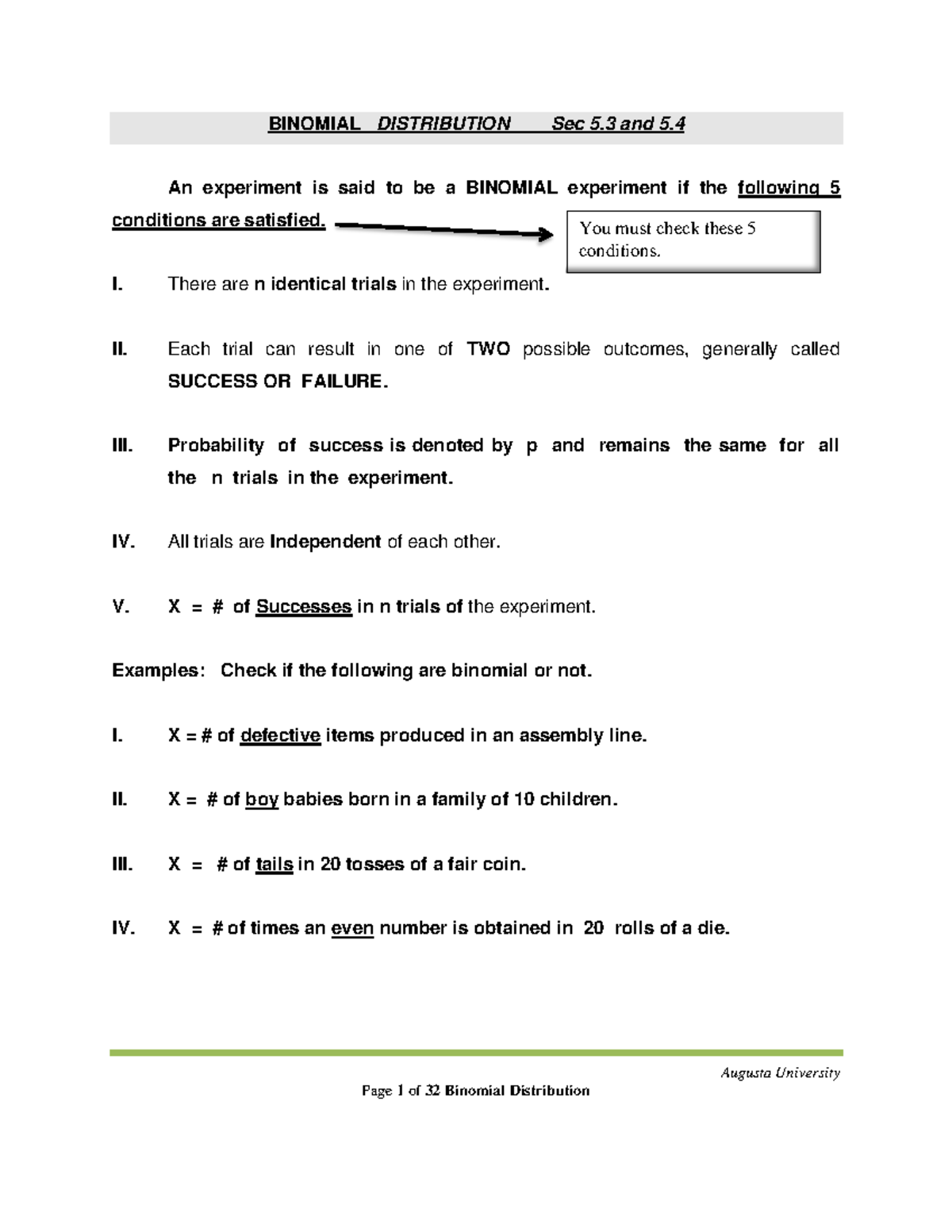 Binomial Distribution Conditions and Examples - Studocu