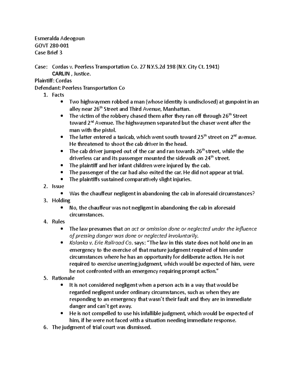 Cordas v. Peerless - Case Brief 3 - Esmeralda Adeogoun GOVT 280- Case ...