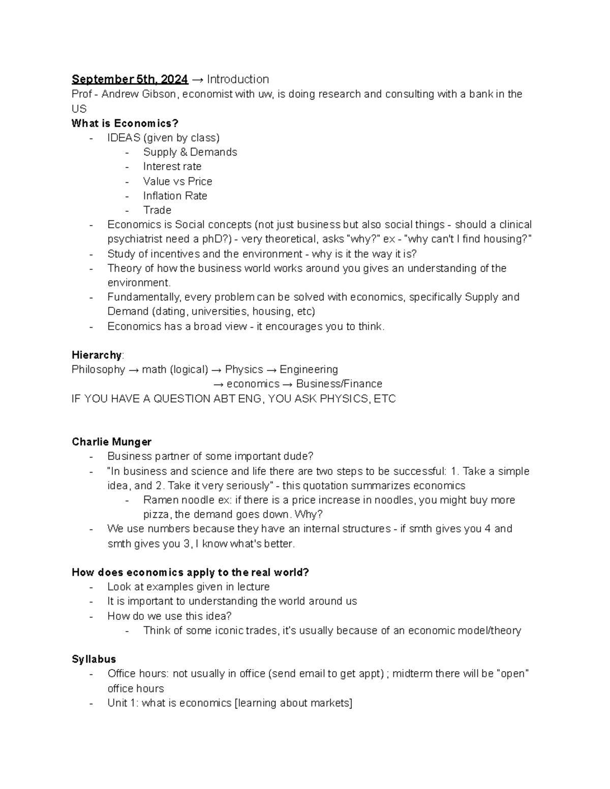 econ class notes - September 5th, 2024 → Introduction Prof - Andrew ...