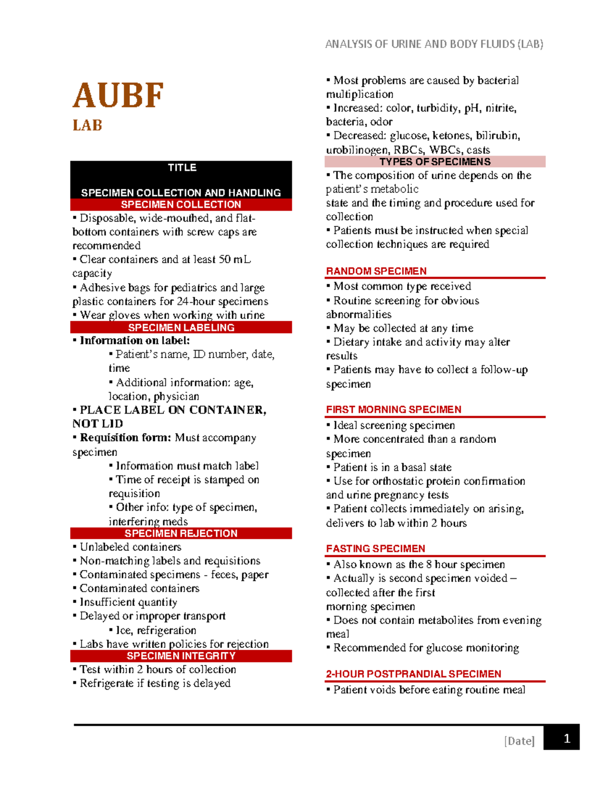 AUBF Trans - AUBF LAB TITLE SPECIMEN COLLECTION AND HANDLING SPECIMEN COLLECTION Disposable ...