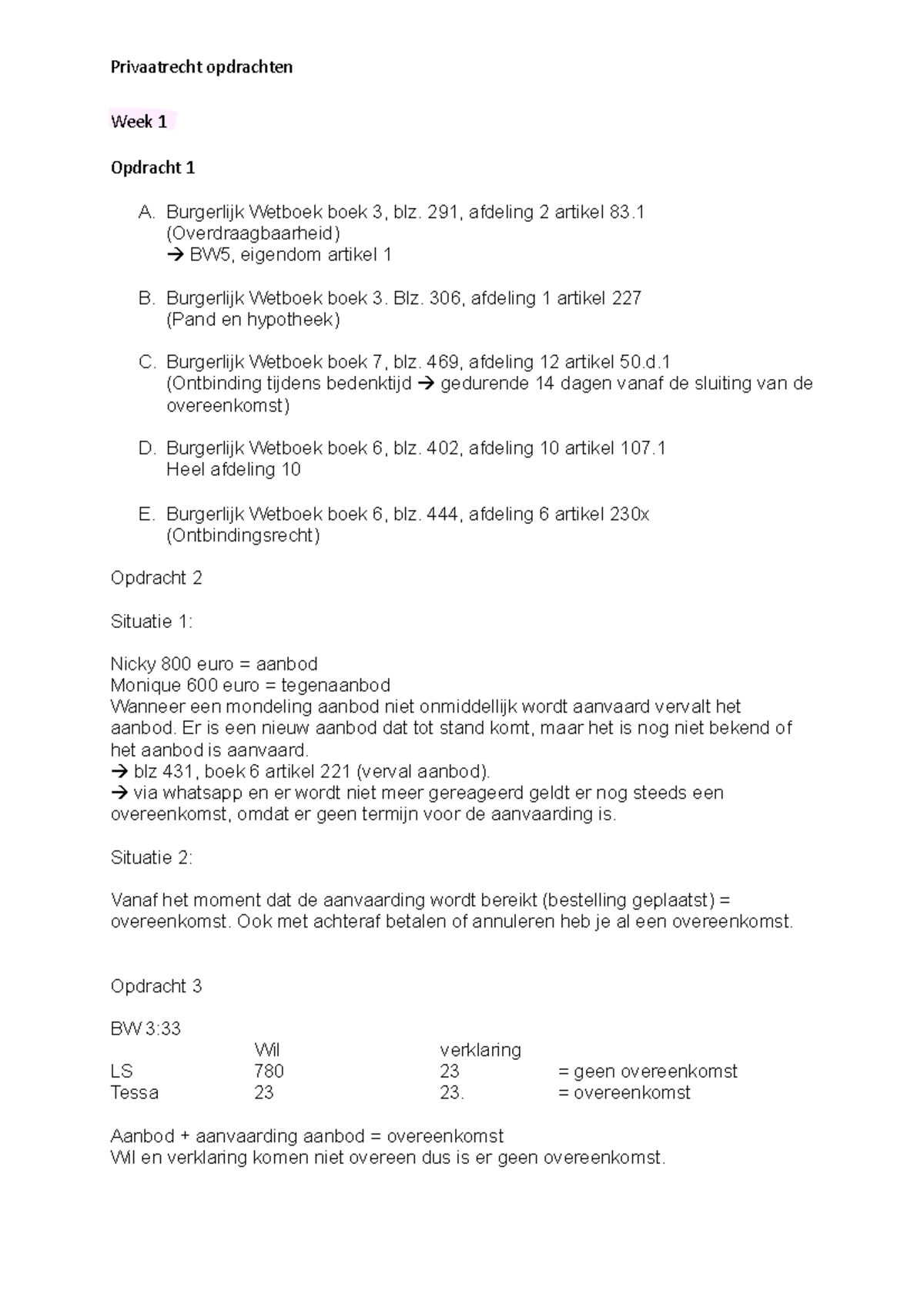 Privaatrecht opdrachten - Week 1 Opdracht 1 A. Burgerlijk Wetboek boek ...