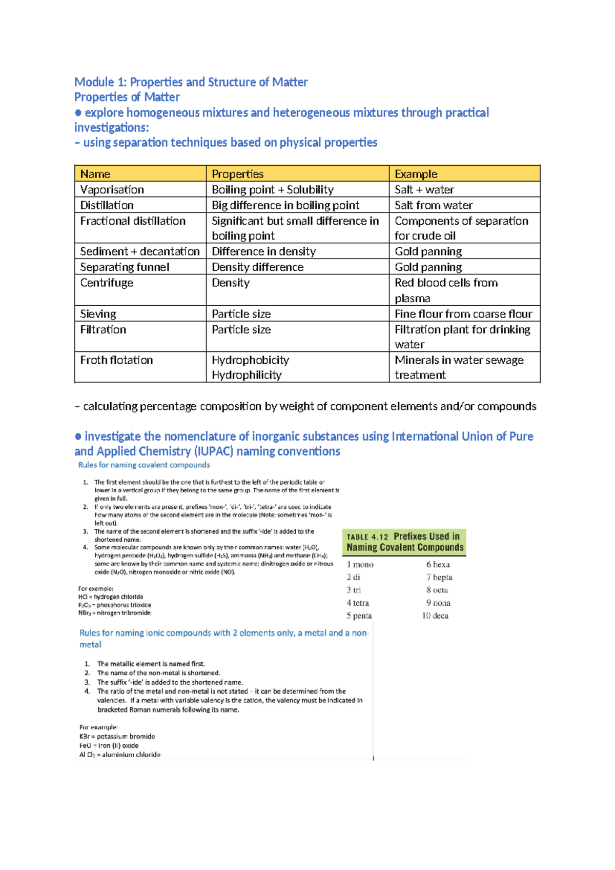 Chemistry Mod 1 revision - Module 1: Properties and Structure of Matter ...
