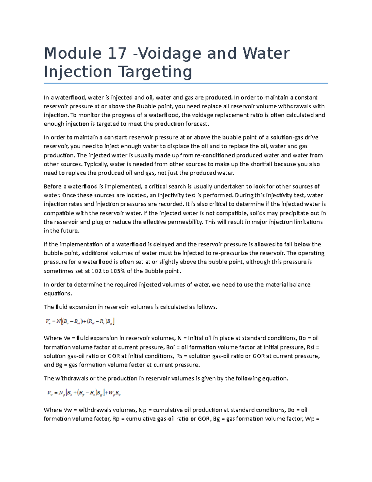RESR 344 Module 17 -Voidage and Water Injection Targeting - RESR344 - SAIT Polytechnic - Studocu