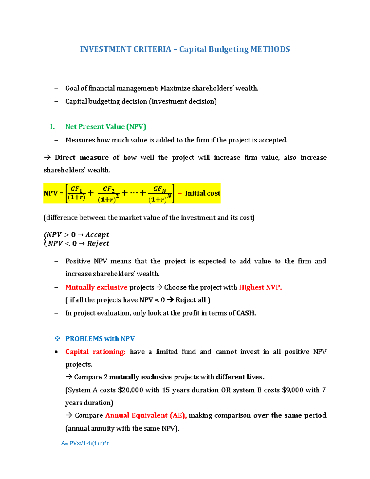 Capital Budgeting revision - INVESTMENT CRITERIA – Capital Budgeting ...