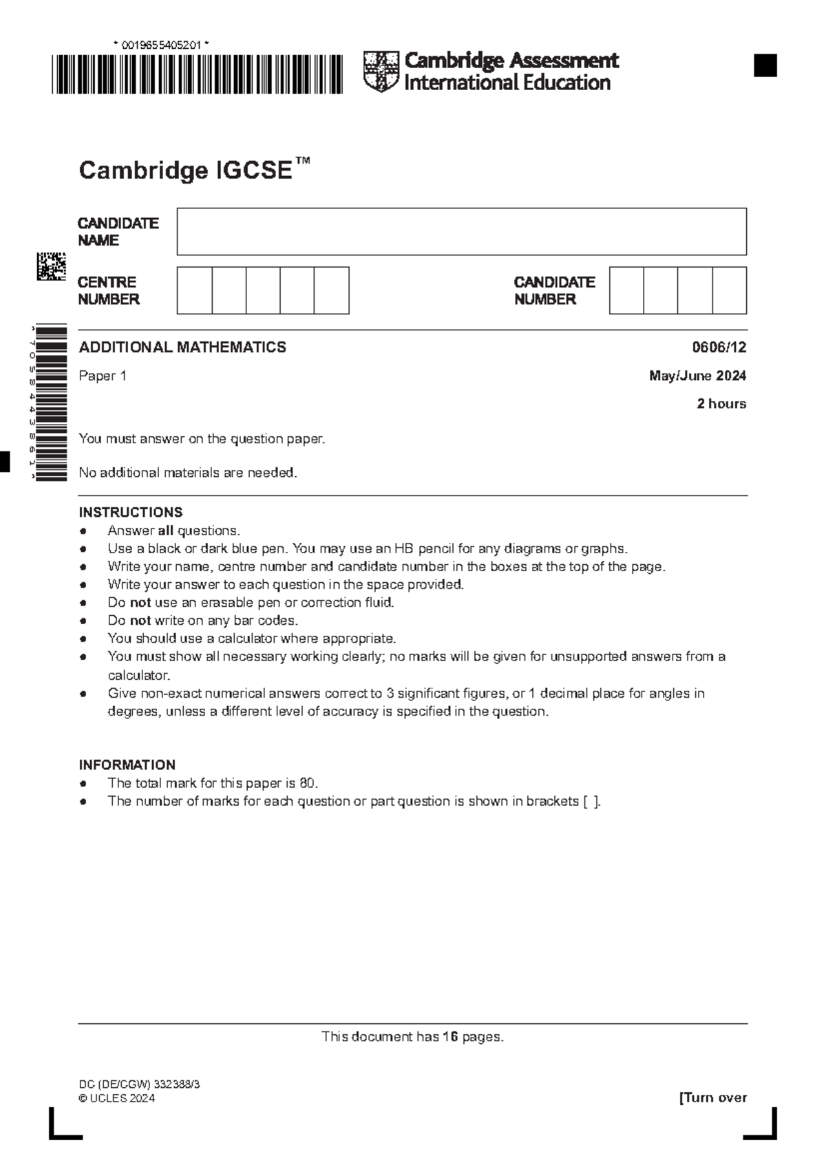 Add MAths Past Exam paper 2024 - ####### This document has 16 pages ...