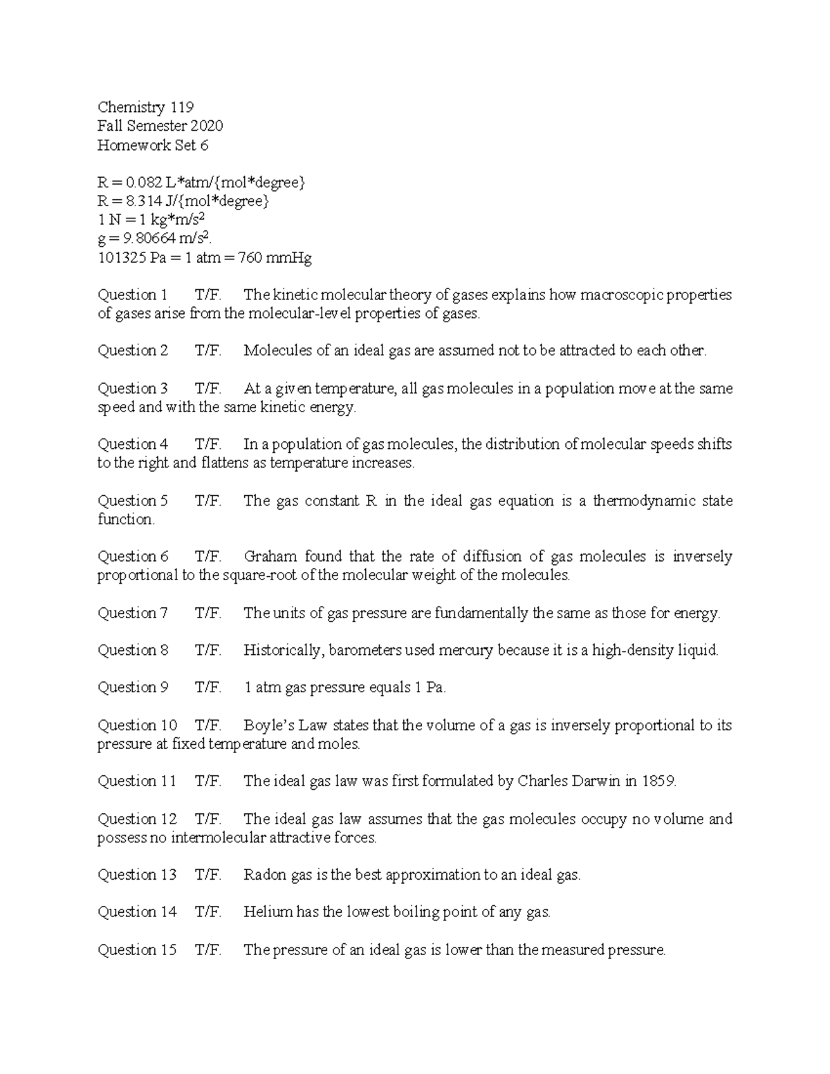 Homework 6 - CHEM 119 - Chemistry 119 Fall Semester 2020 Homework Set 6 ...