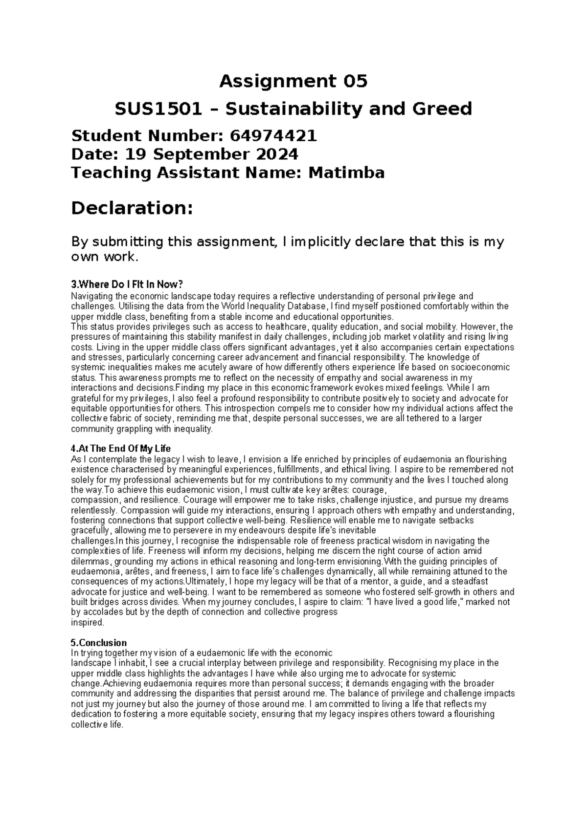 SUS assignment 5 - Assignment 05 SUS1501 – Sustainability and Greed ...