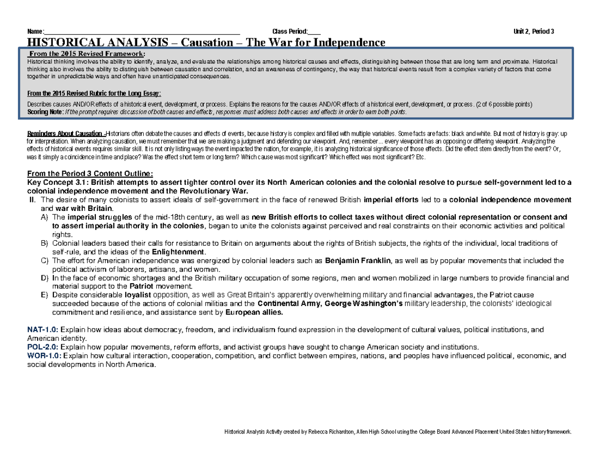 Historical Analysis Causation The War for Independence - - Studocu