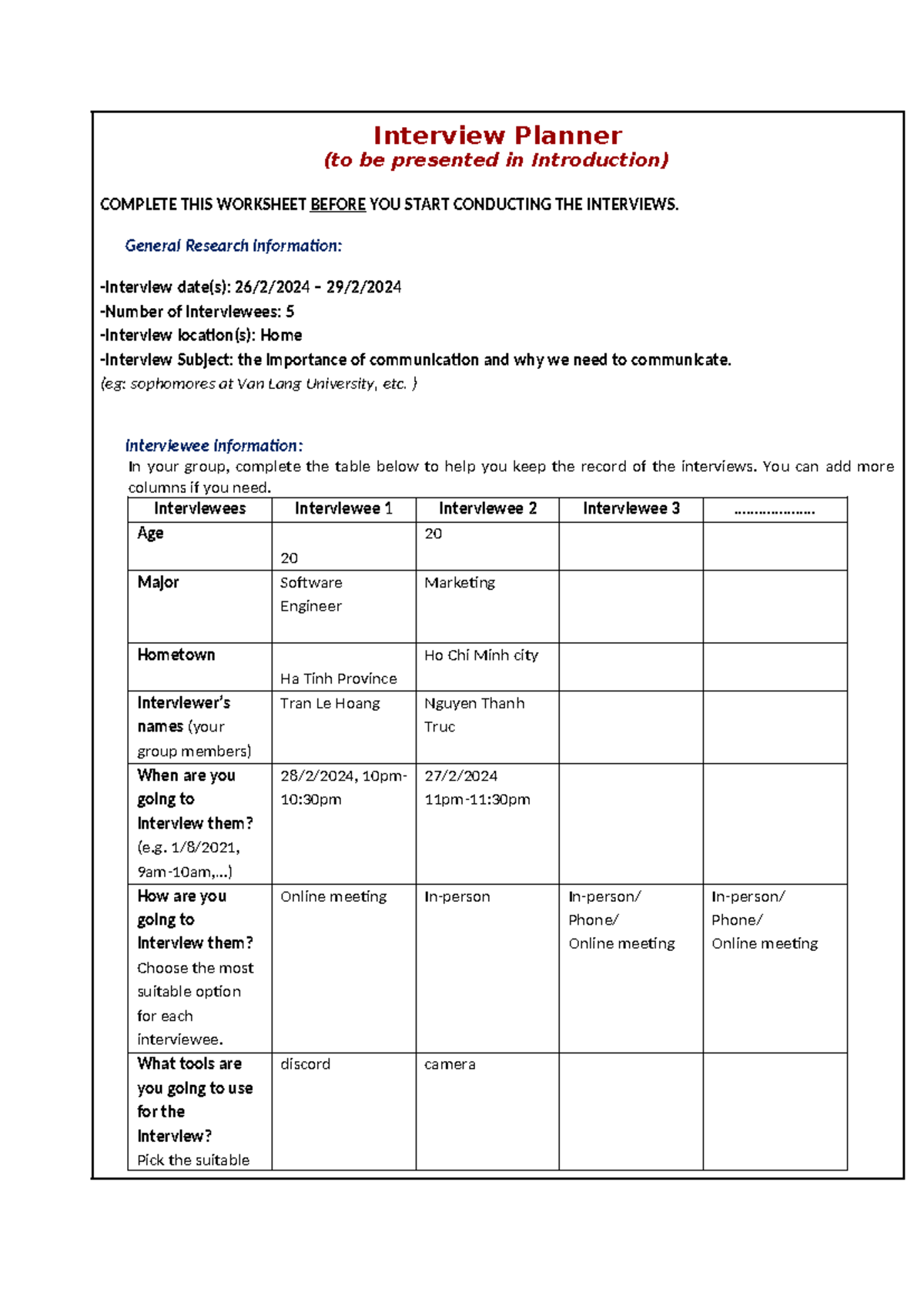 Interview Planner - hasaki - Interview Planner (to be presented in Introduction) COMPLETE THIS ...