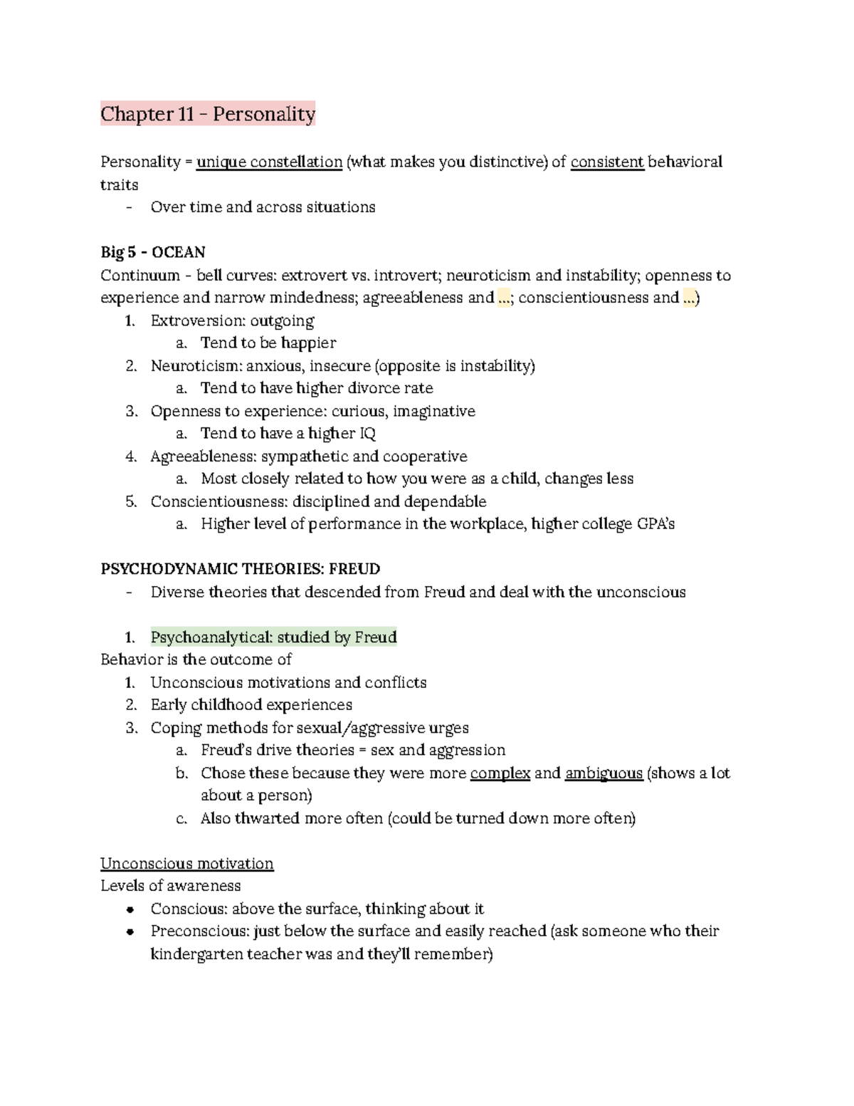 Psych: Unit 4 Notes - Chapter 11 - Personality Personality = unique ...