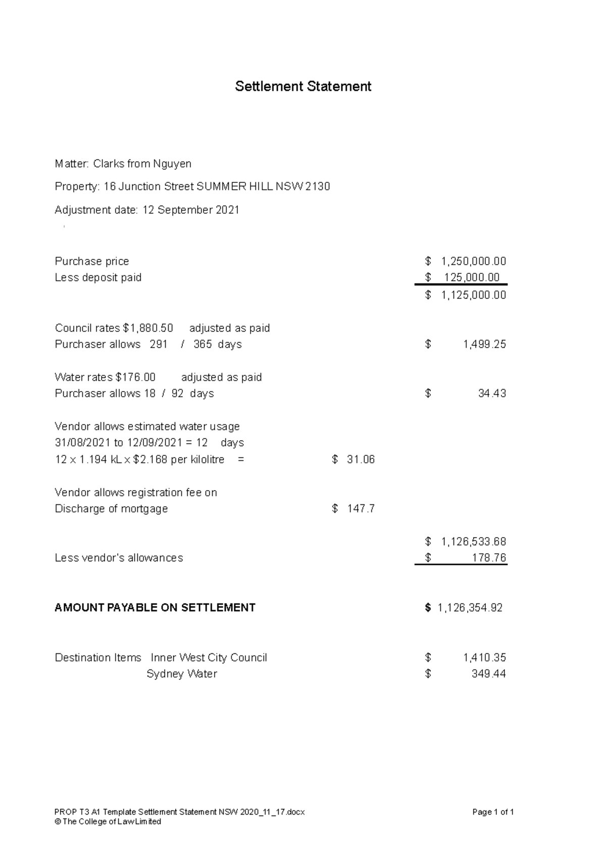PROP T3 A1 Template Settlement Statement NSW 200018 UWS Studocu