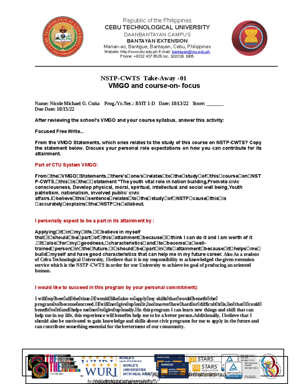 NSPT Individual Activity-9-8-2022 - NSTP-CWTS Take-Away - VMGO and ...