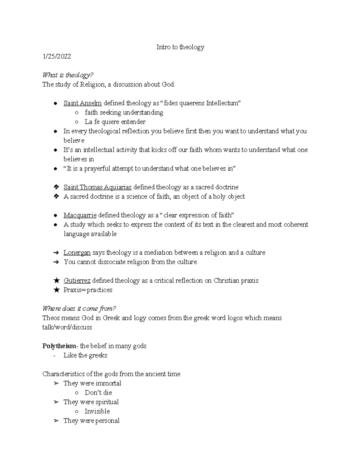 Intro to Theology - Notes - Intro to theology 1/25/ What is theology ...