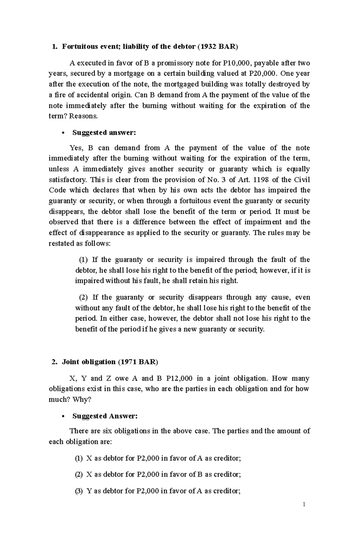 Oblicon project bar review questions - 1 1. Fortuitous event; liability ...