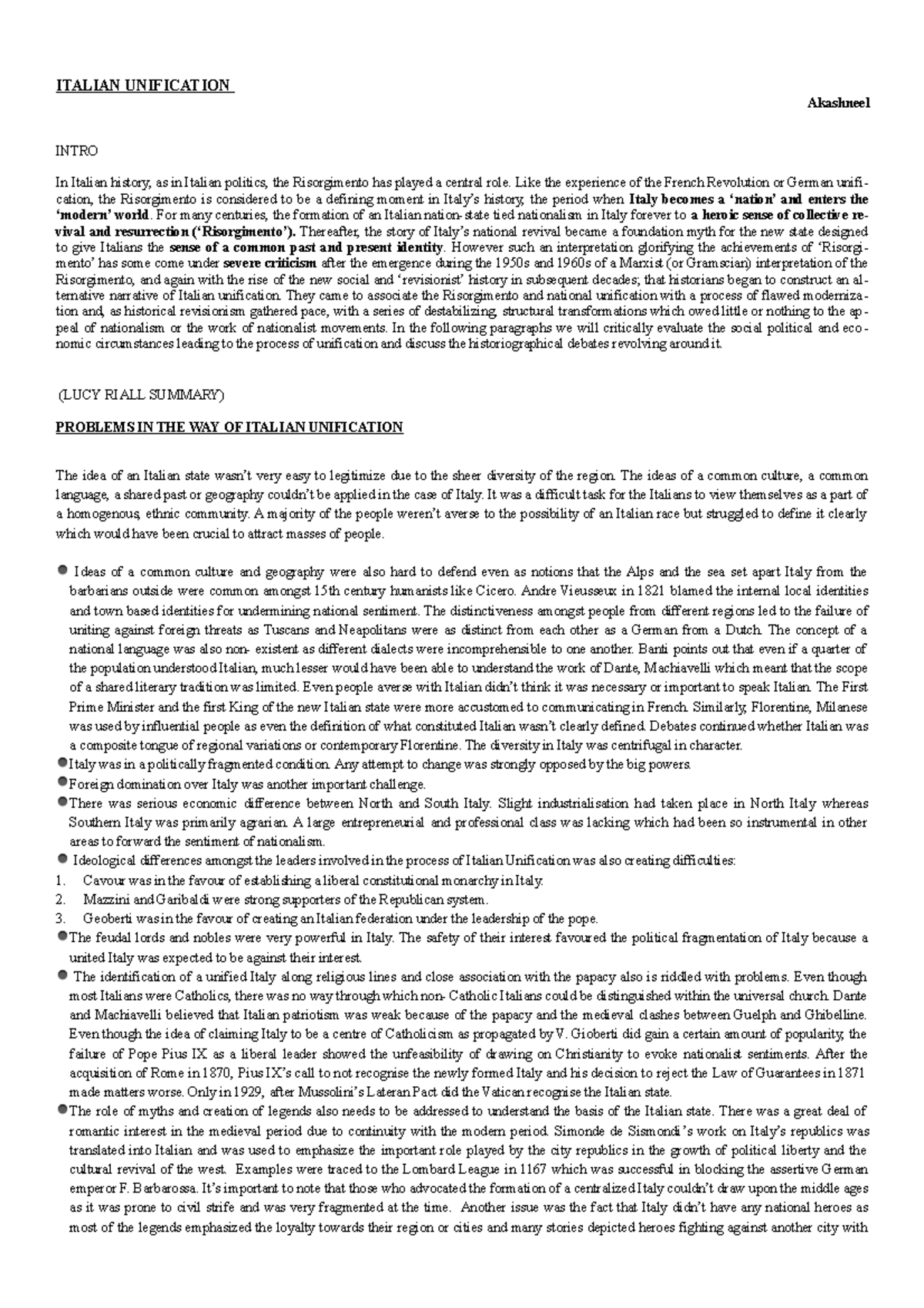 Italian Unification Notes - ITALIAN UNIFICATION Akashneel INTRO In ...