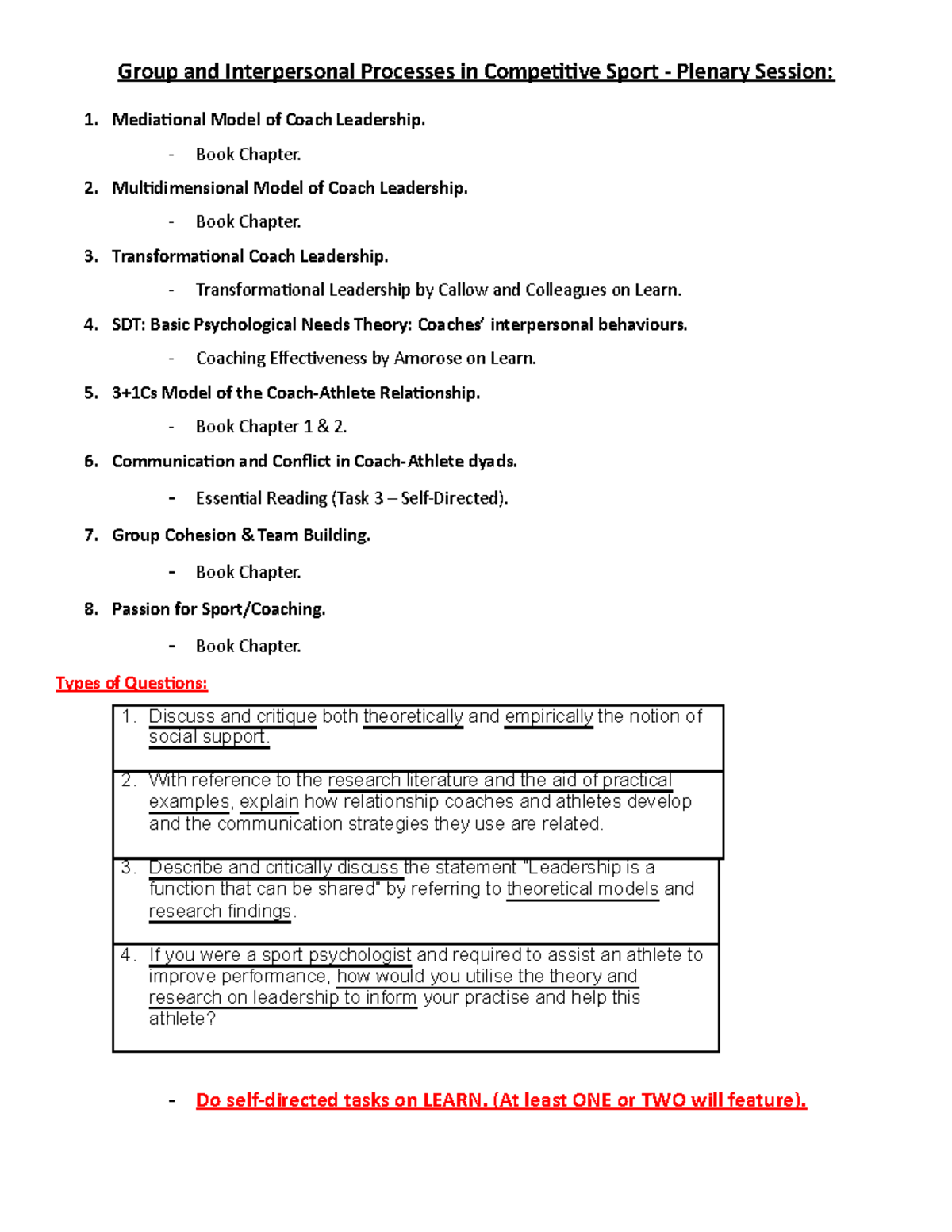 Group and Interpersonal Processes in Competitive Sport - Revision ...