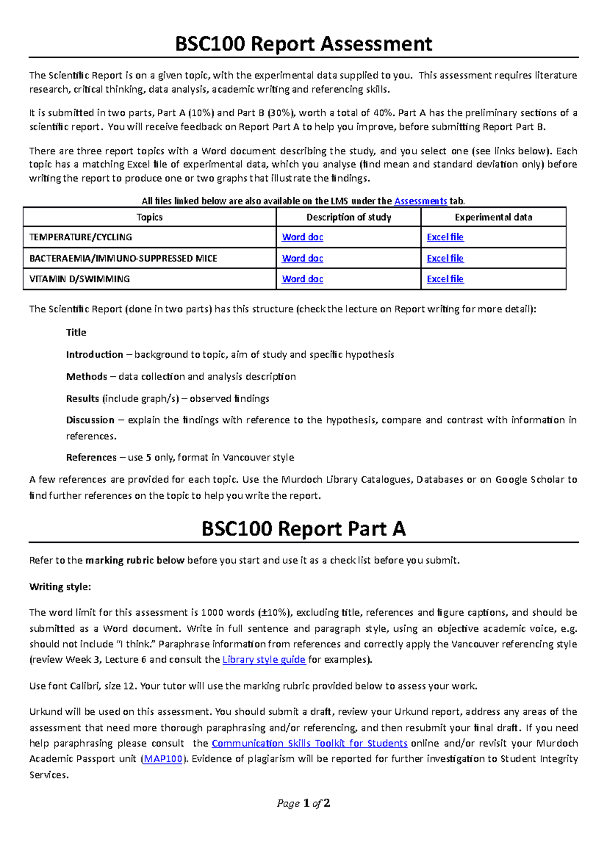 BSC100 s1 2021 Report Part A Final assignment info - BSC100 - Murdoch - Studocu