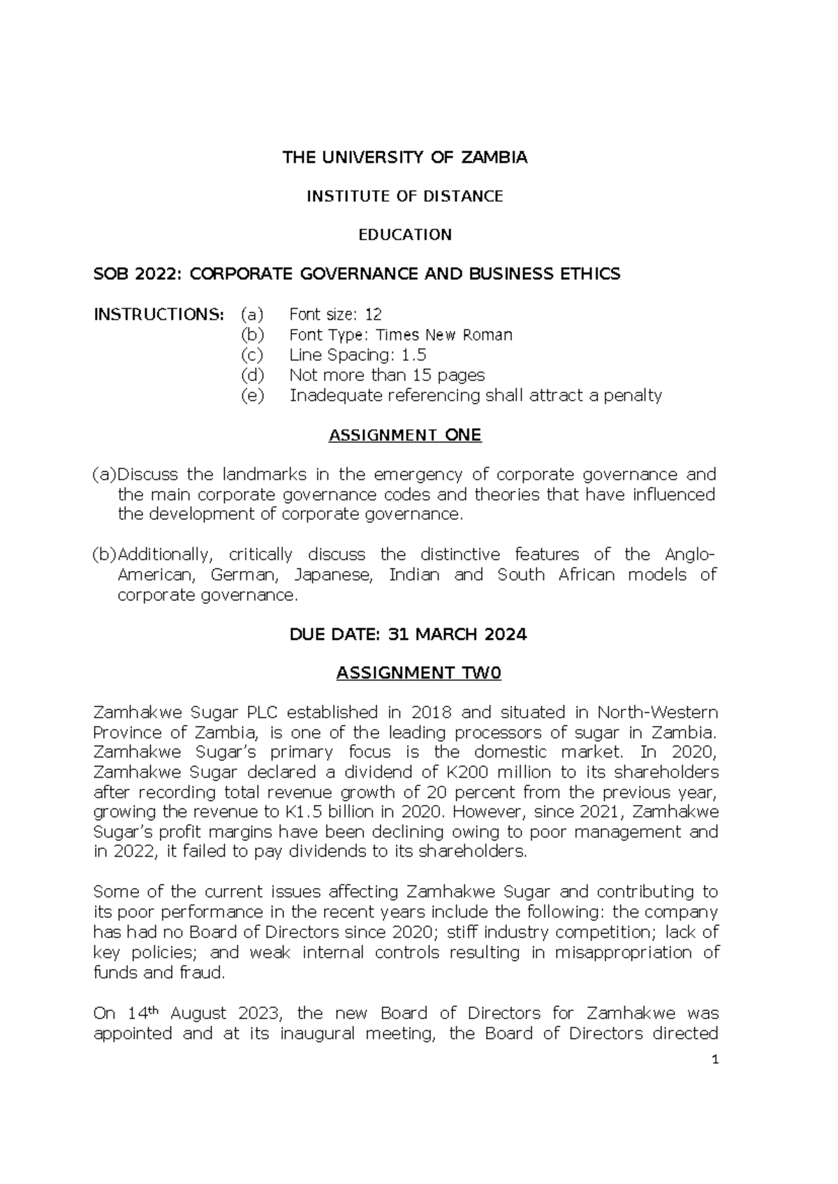 SOB 2022 Assignments (2024) - 1 THE UNIVERSITY OF ZAMBIA INSTITUTE OF ...