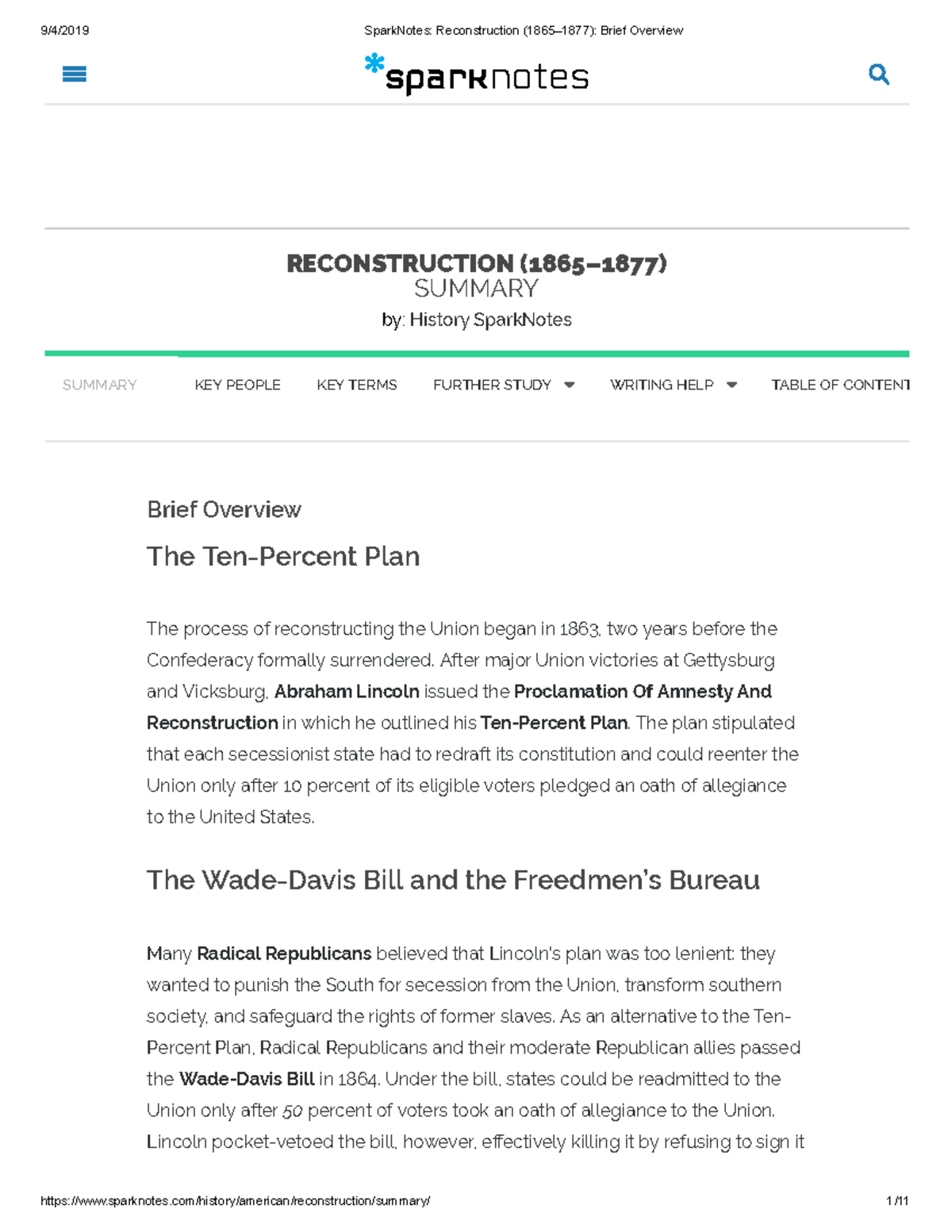 HIS 205 Reconstruction (1865–1877) - RECONSTRUCTION (1865–1877) SUMMARY ...