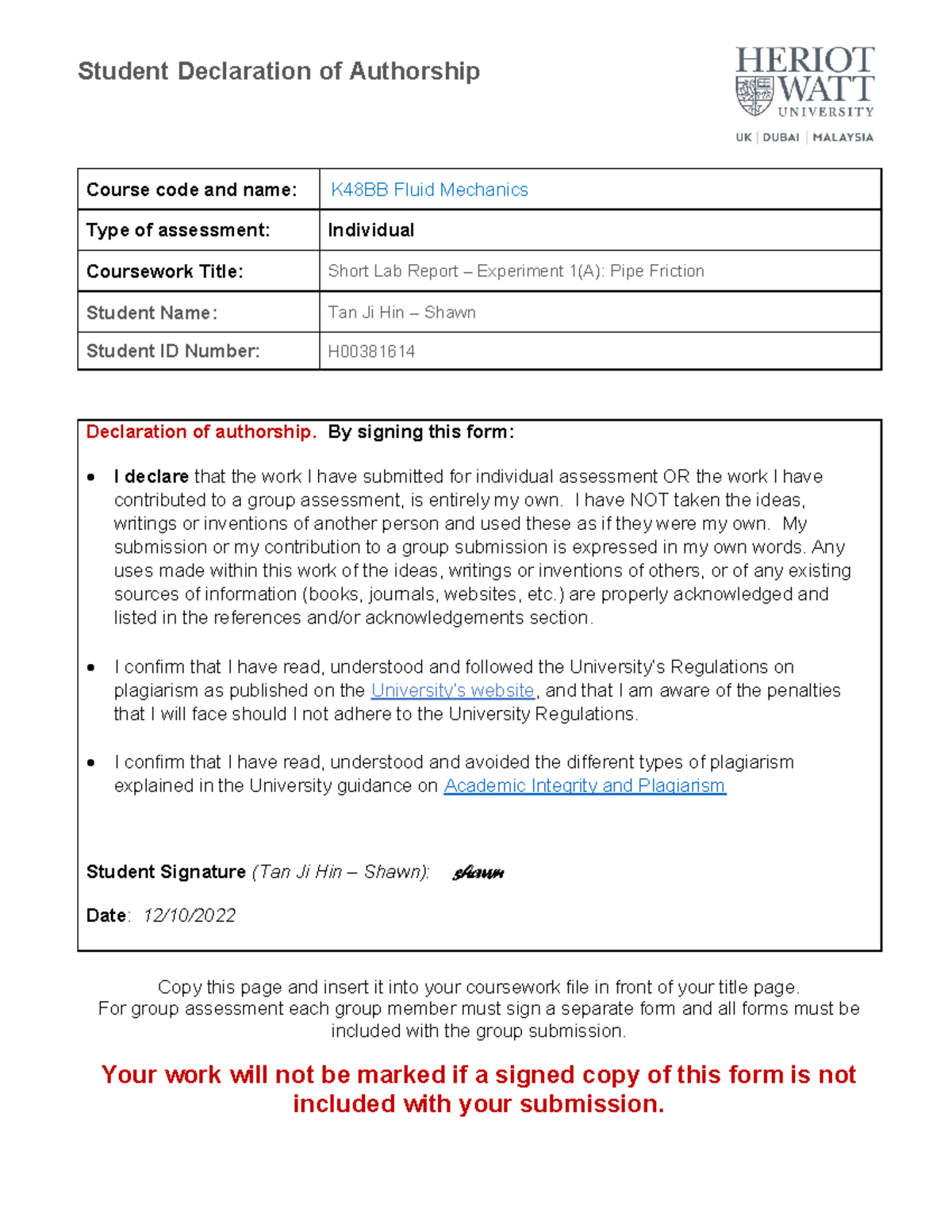 Short Lab Report: Pipe Friction - Student Declaration of Authorship ...